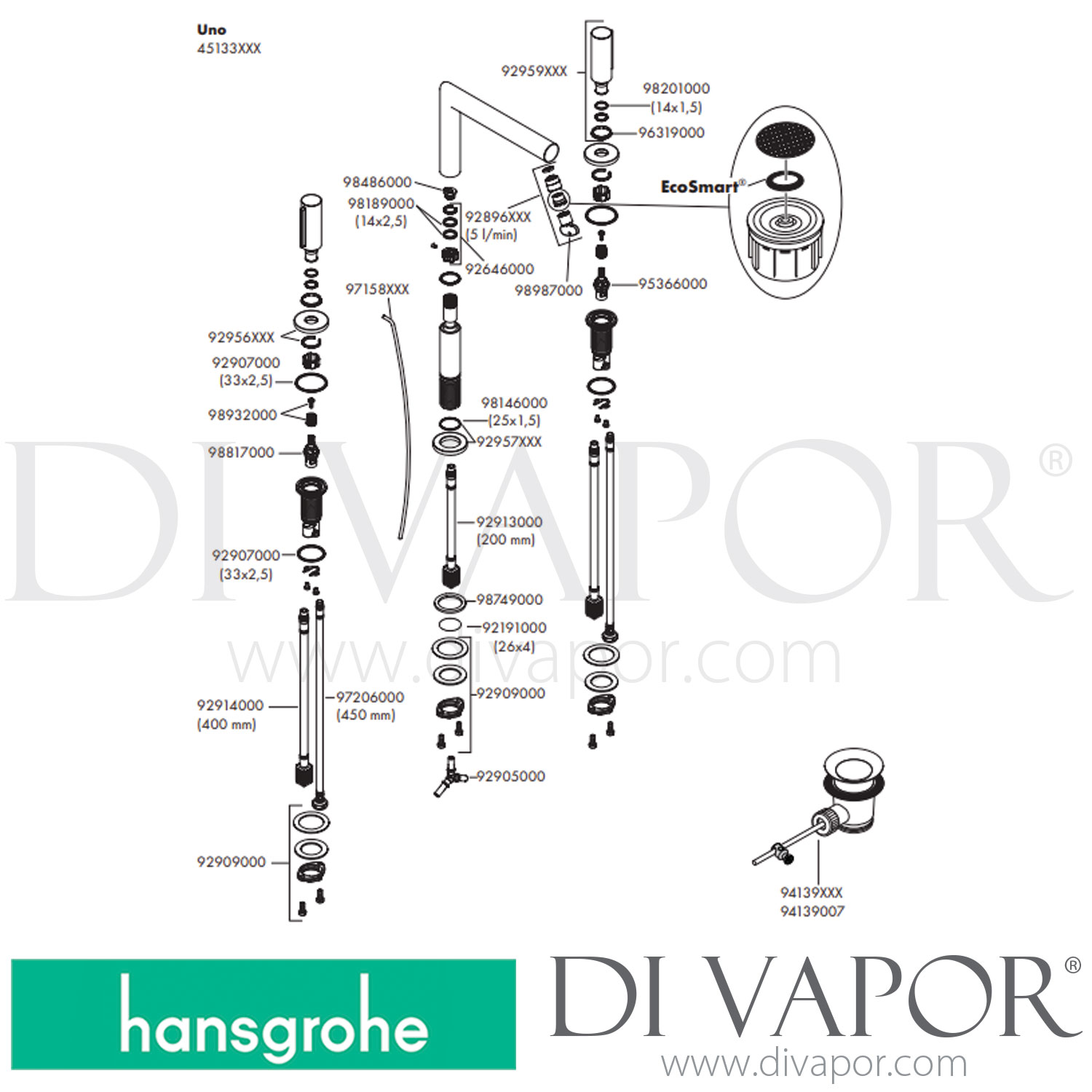 Hansgrohe 45133000 AXOR Uno 3-Hole Basin Mixer 200 with Zero Handles ...