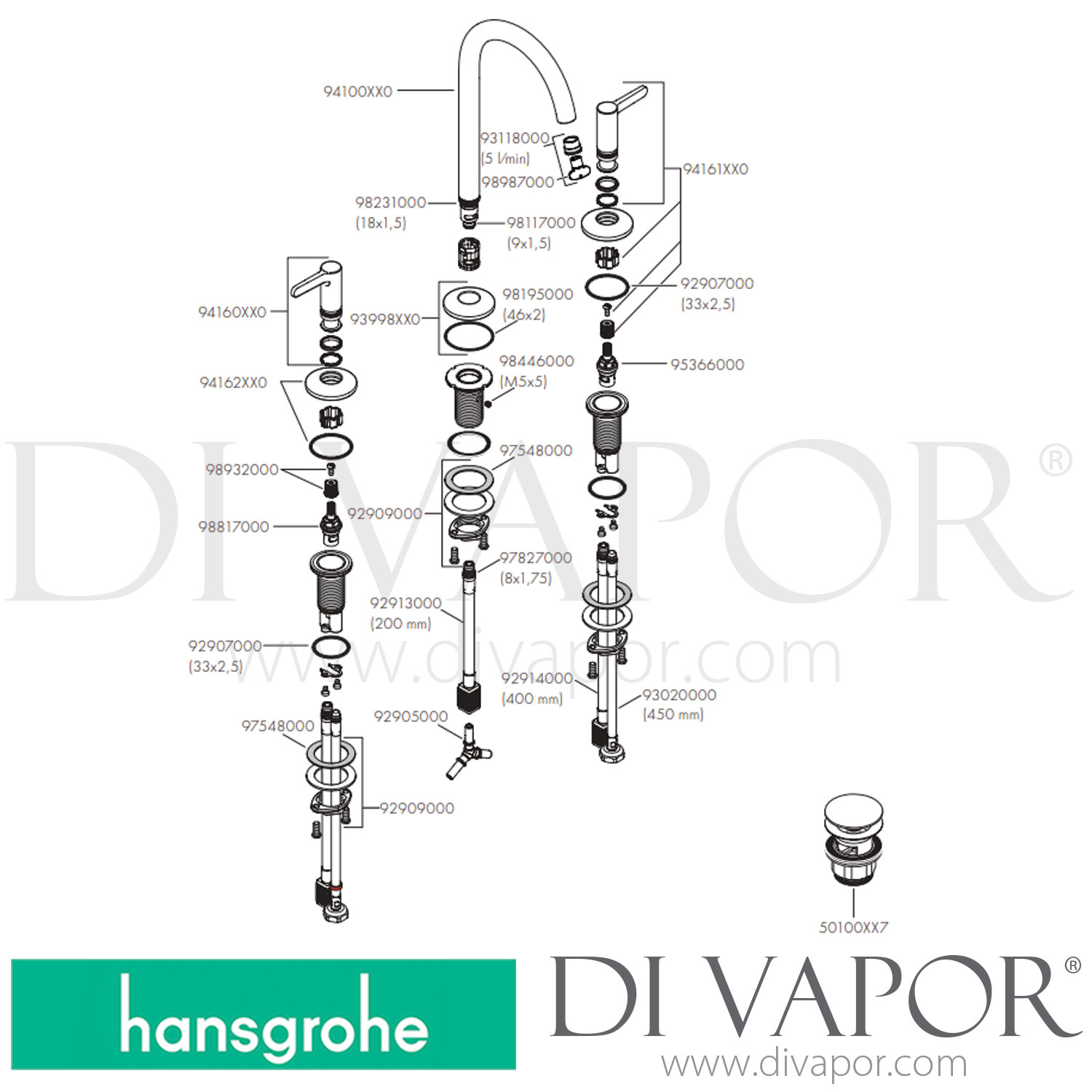 Hansgrohe 48050007 AXOR One 3-Hole Basin Mixer 170 with Push-Open Waste ...