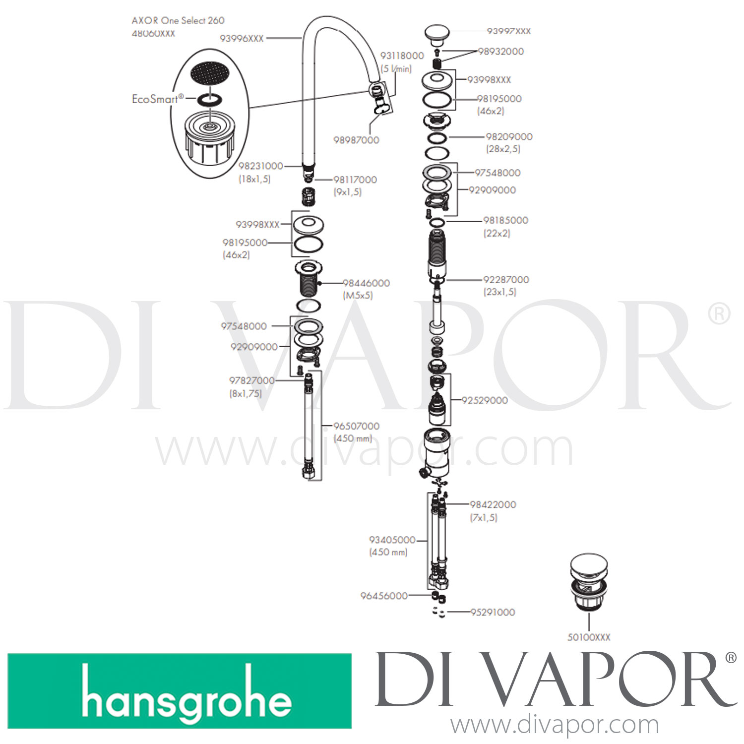 Hansgrohe 48060000 AXOR One 2-Hole Basin Mixer Select 260 with Push ...