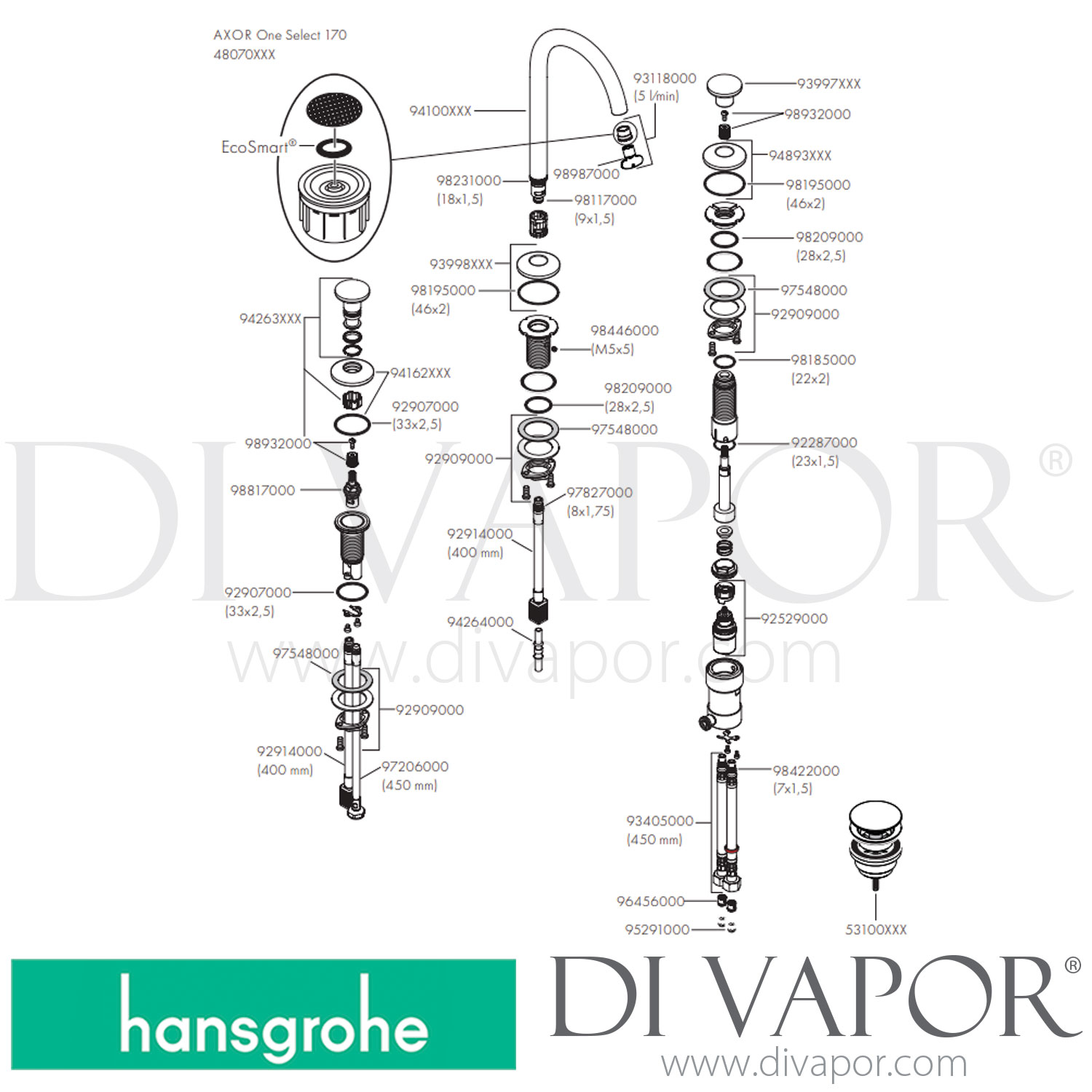 Hansgrohe 48070000 AXOR One 3-Hole Basin Mixer Select 170 with Push ...