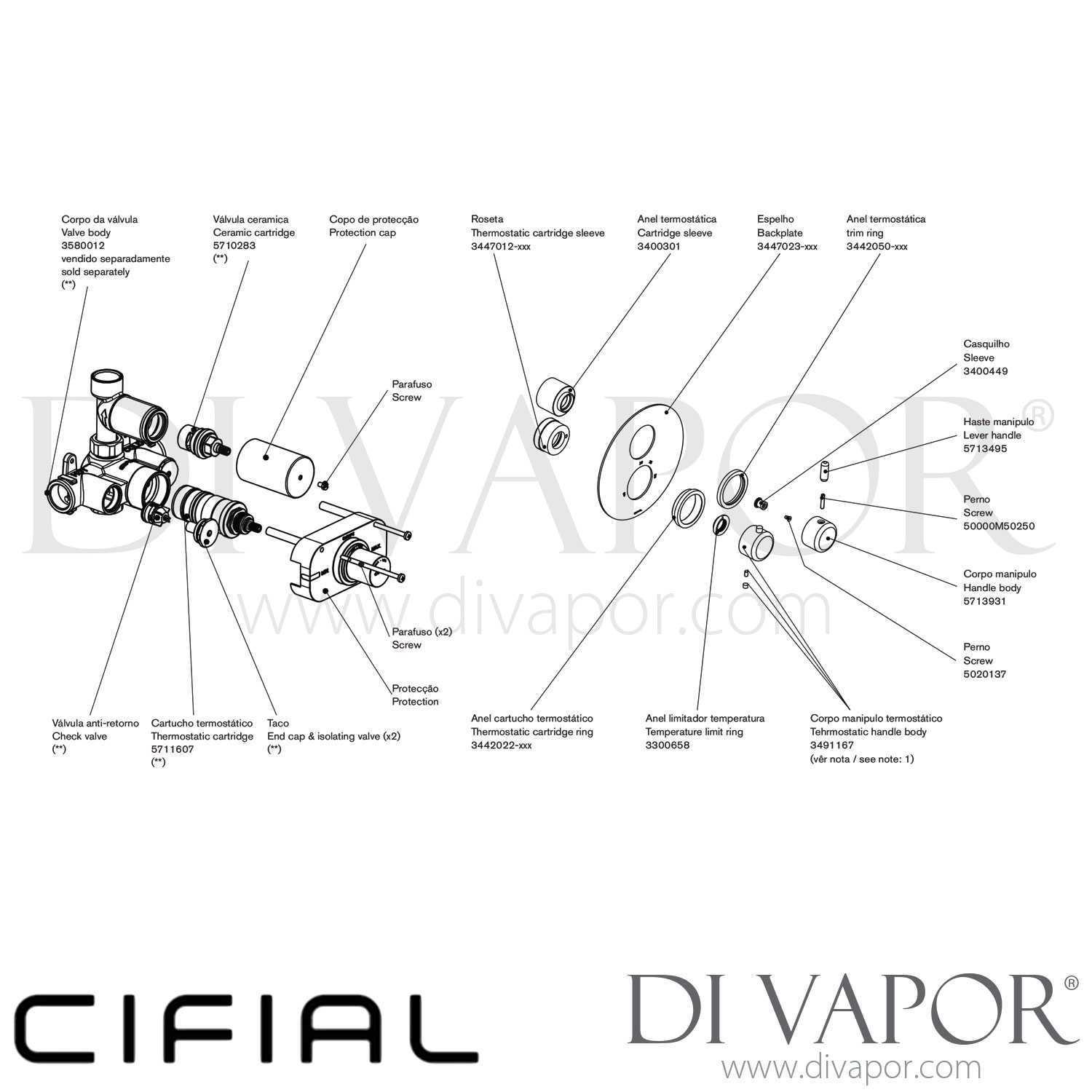 Cifial 600103SE Technovation 35 Thermostatic Fixed Shower Kit Spare Parts