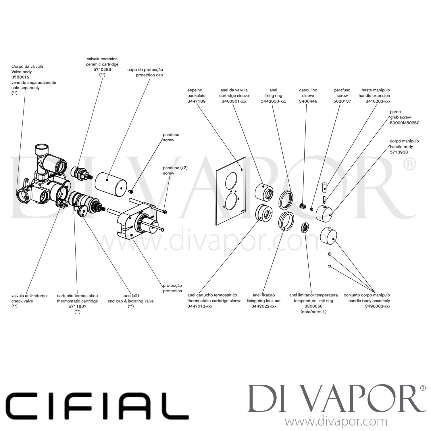 Cifial 600103TH Technovation 465 Thermostatic Fixed Shower Kit Spare Parts