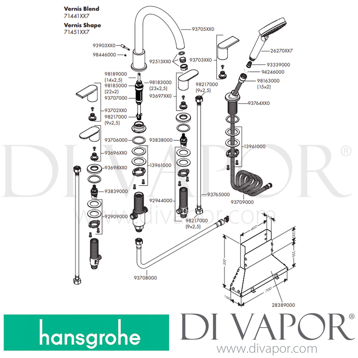 Hansgrohe 71451007 Vernis Shape 4-Hole Rim Mounted Bath Mixer Set >04/ ...