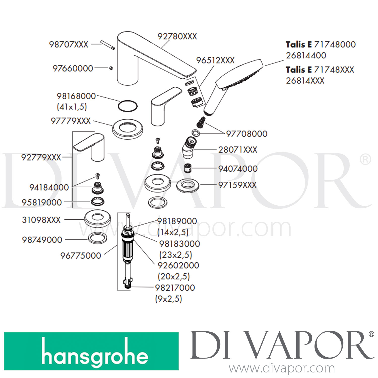 Hansgrohe 71748340 Talis E 4-Hole Rim Mounted Bath Mixer >07/19 Spare Parts