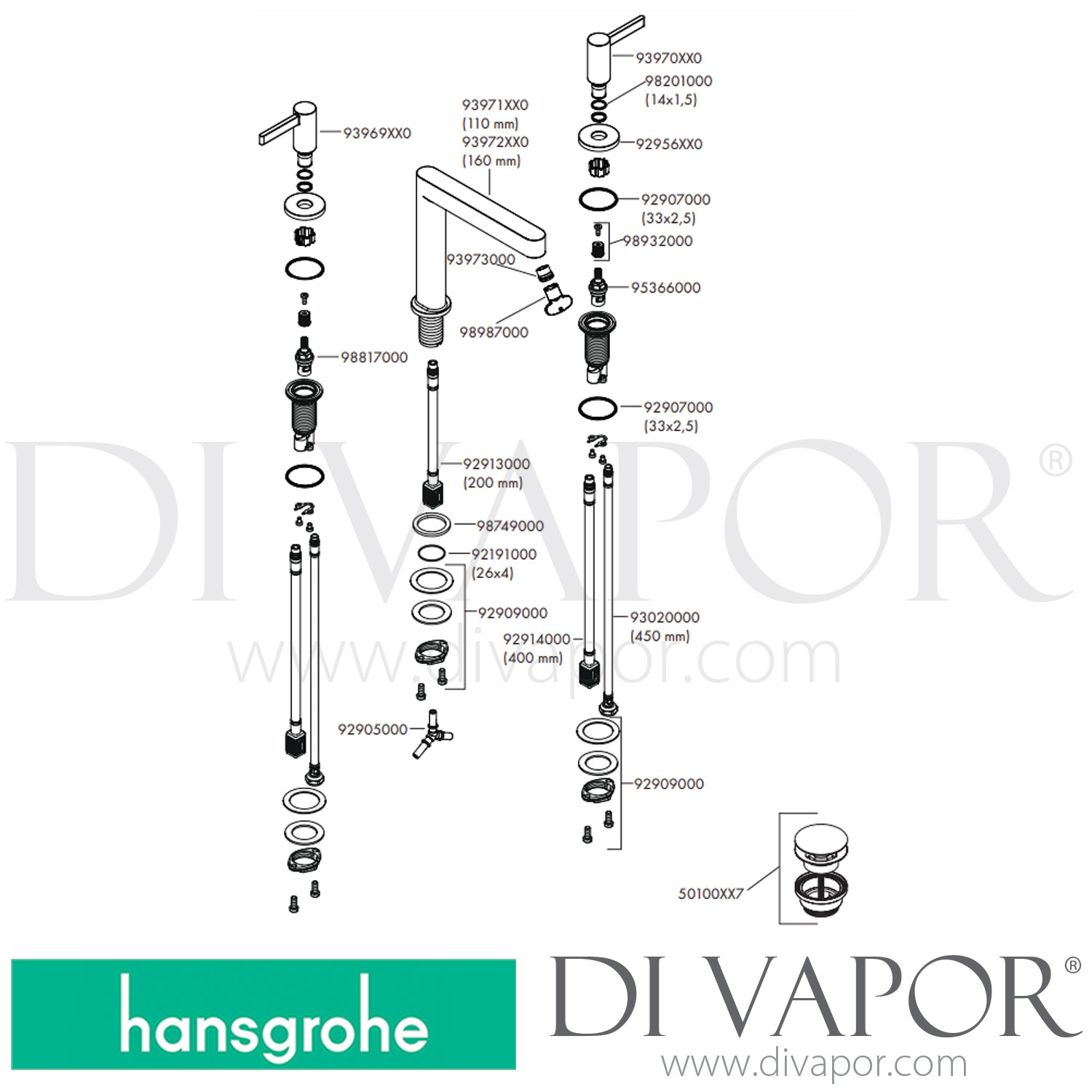 Hansgrohe 76033007 Finoris 3-Hole Basin Mixer 110 with Push-Open Waste ...