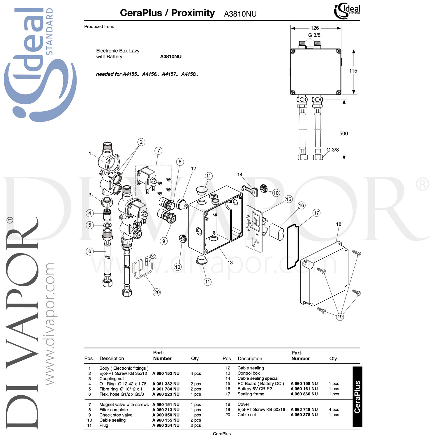 Ideal Standard A3810NU Ceraplus Basin Electronic Box Kit 1 Two Valves ...