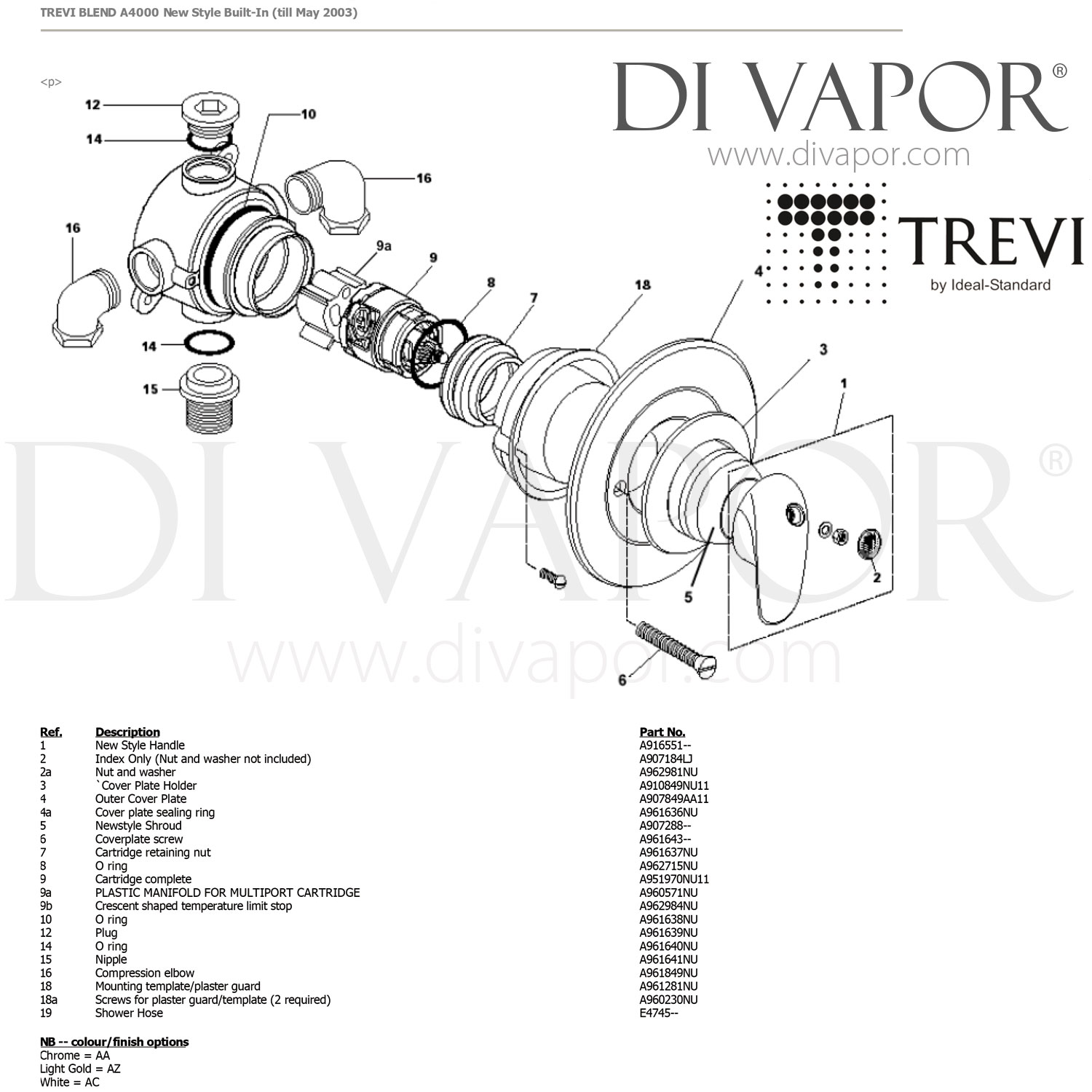 Trevi A4000AA Blend Built-In Single Lever Manual Shower Valve Spare Parts