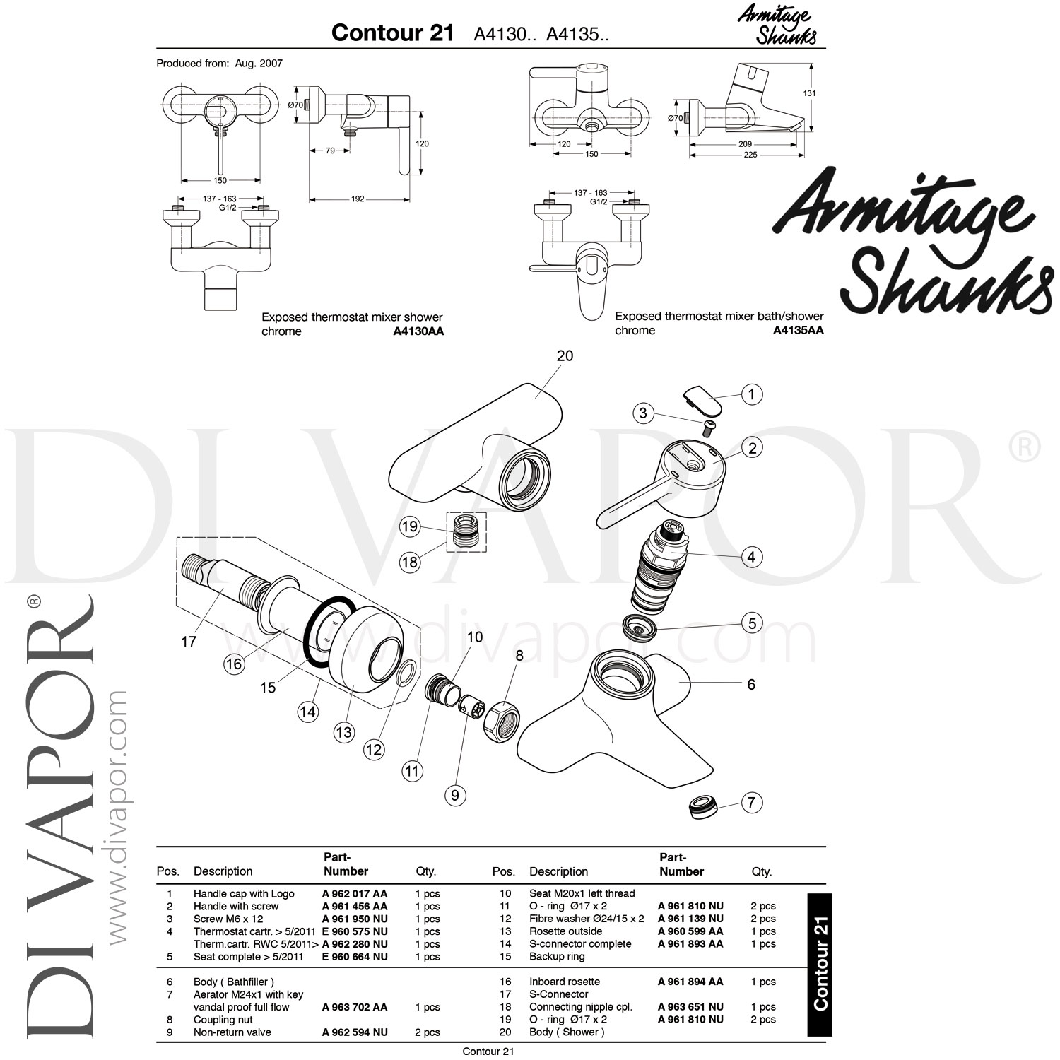 Armitage Shanks A4130AA Contour 21 Single Lever Exposed Sequential ...