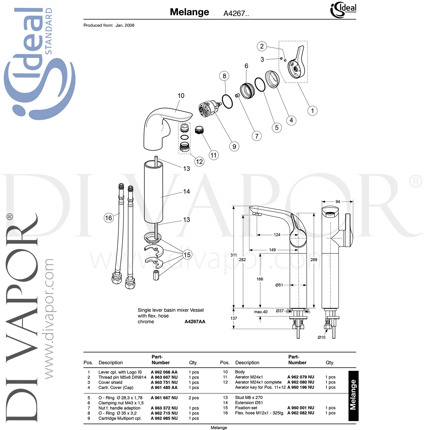 Ideal Standard Melange Single Lever One Basin Mixer Spare Parts A4267AA