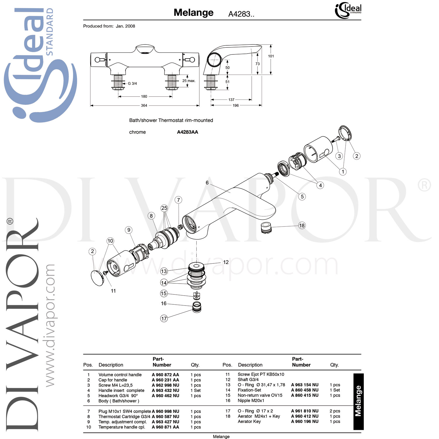 Ideal Standard Melange Chrome Two Taphole Thermostaic Bath Filler A4283AA