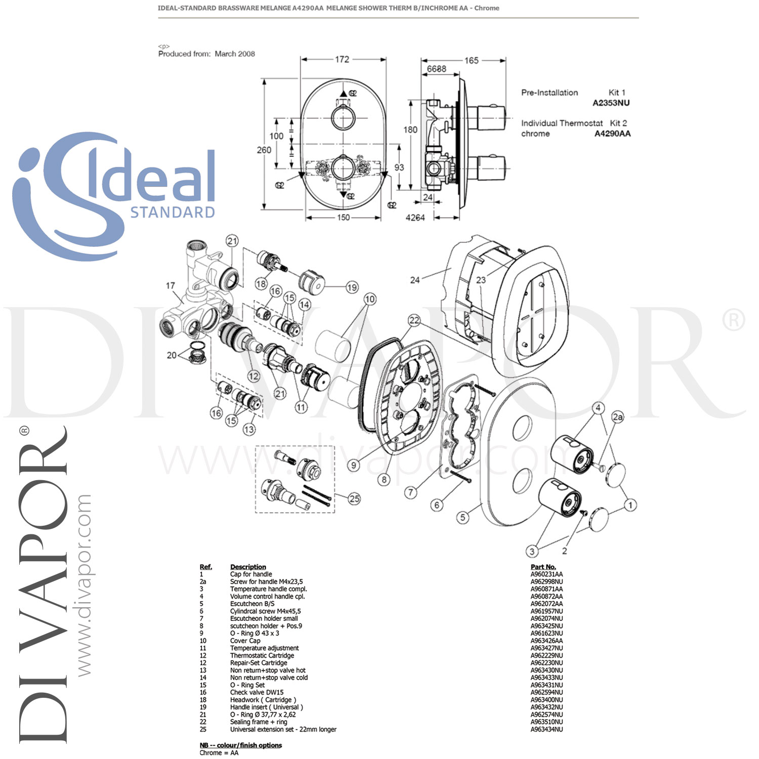 Ideal Standard A4290AA Melange Faceplate and Handles for A3969NU Trevi ...