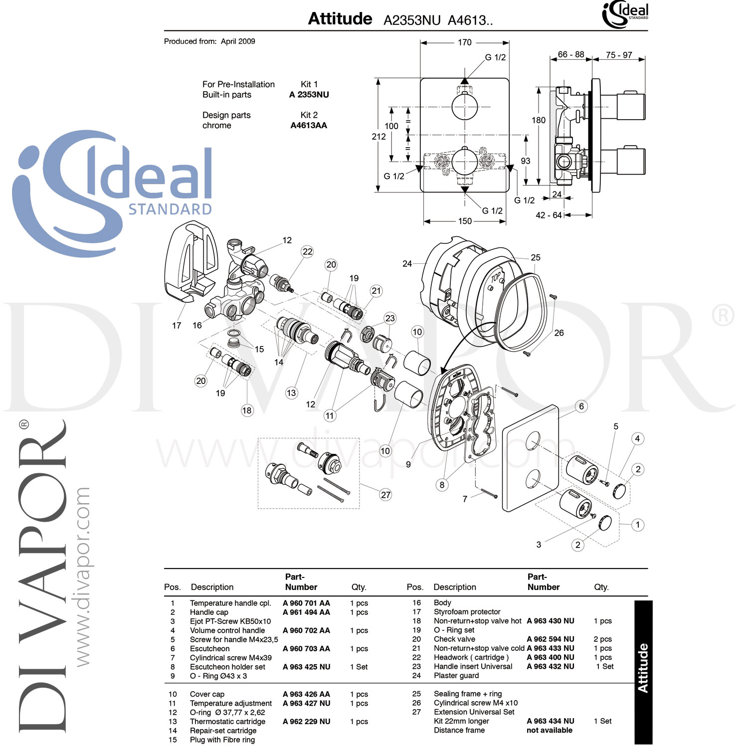 Ideal Standard A4613AA Attitude Faceplate and Handles For Use with ...