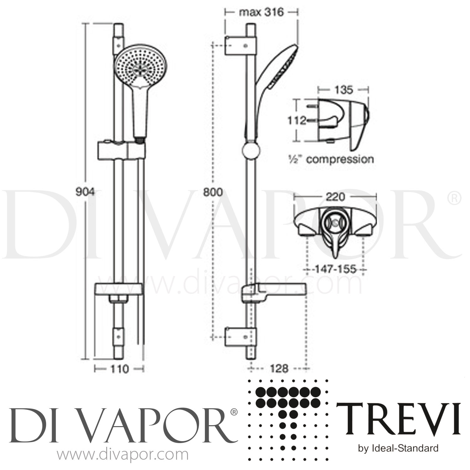 Trevi A5785AA CTV Thermostatic Exposed Shower Pack With Extended Lever ...