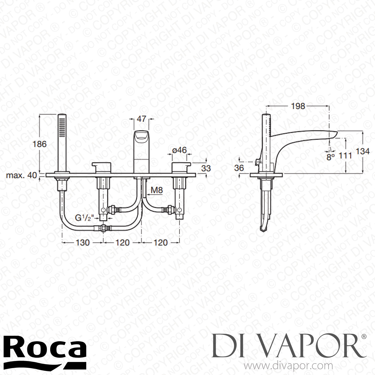 Roca Deck-Mounted Bath-Shower Mixer with Central Spout Hand Shower and ...