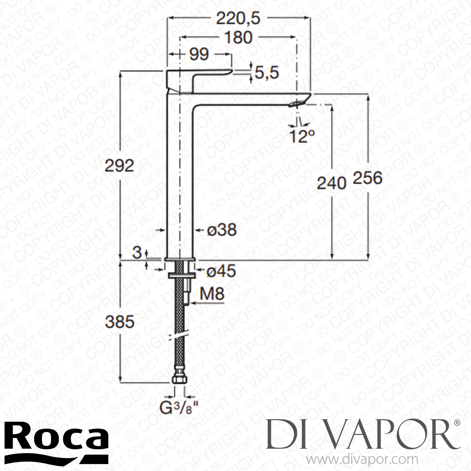 Roca Single Lever Extended Plus Height Basin Mixer with Smooth Body Cold Start (A5A346EC00 ...