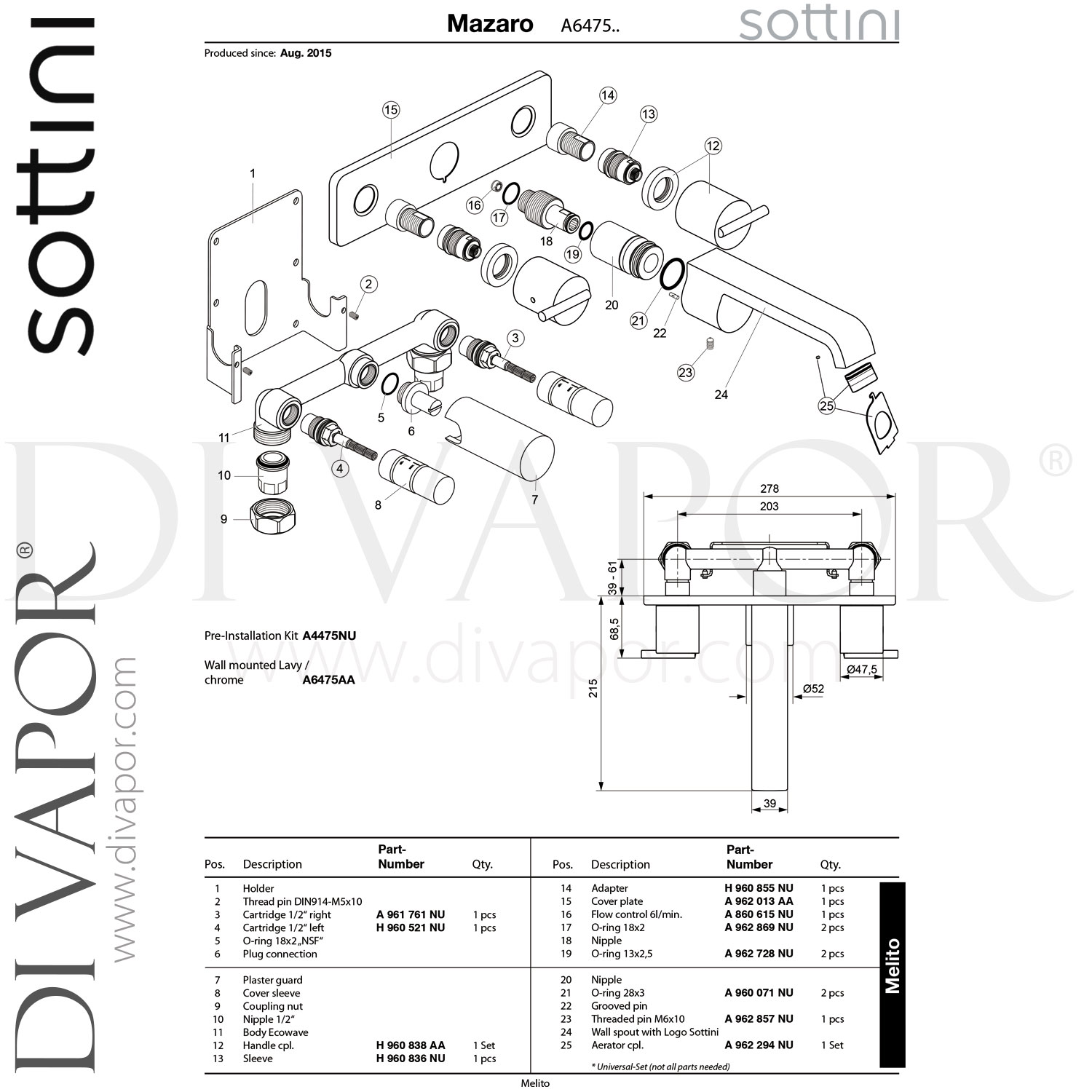 Sottini Mazaro Washbasin Mixer Wall Mounted Tap Spare Parts A6475AA GEN1