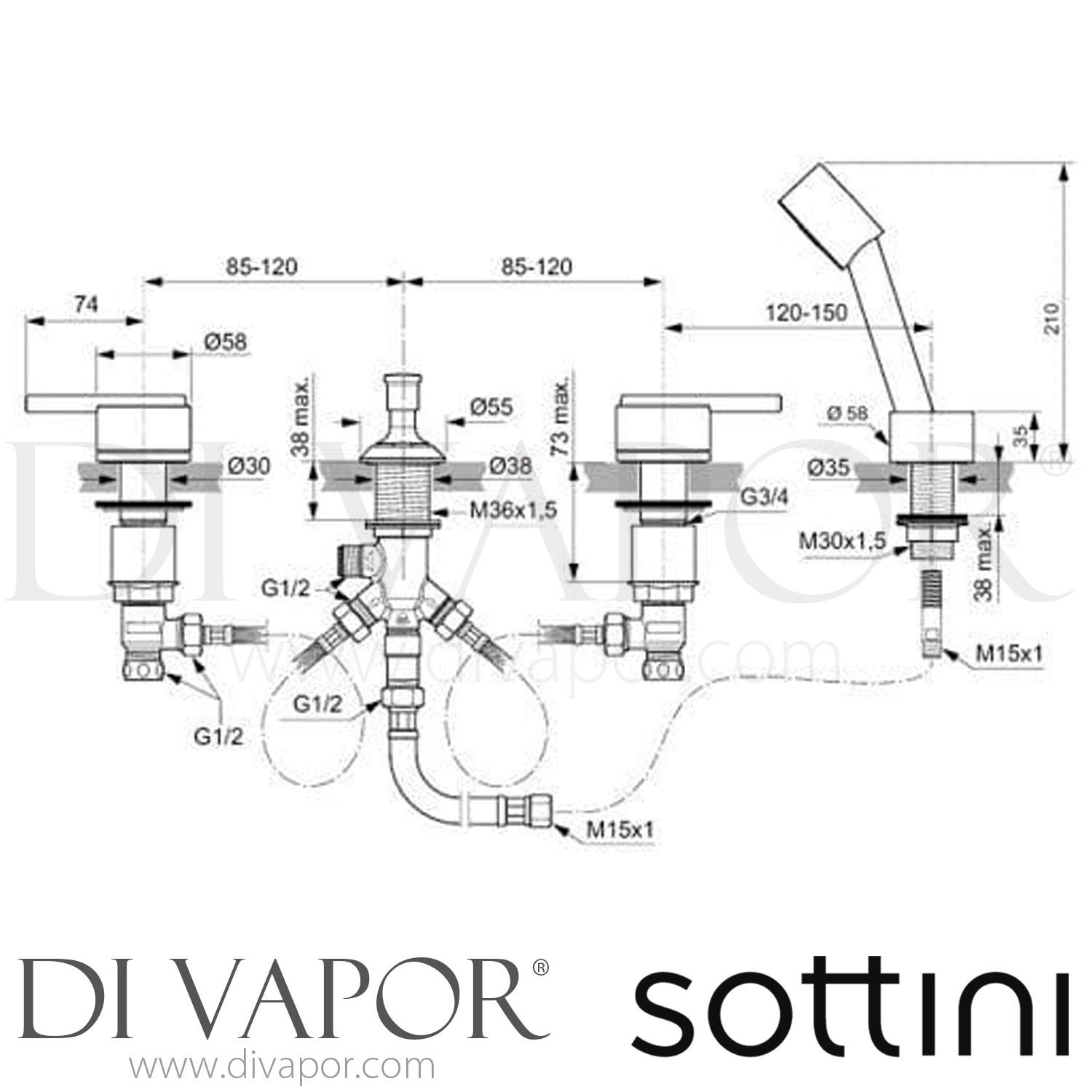 Sottini Mazaro Bath Shower Mixer 4 Hole Dual Control with Diverter No ...