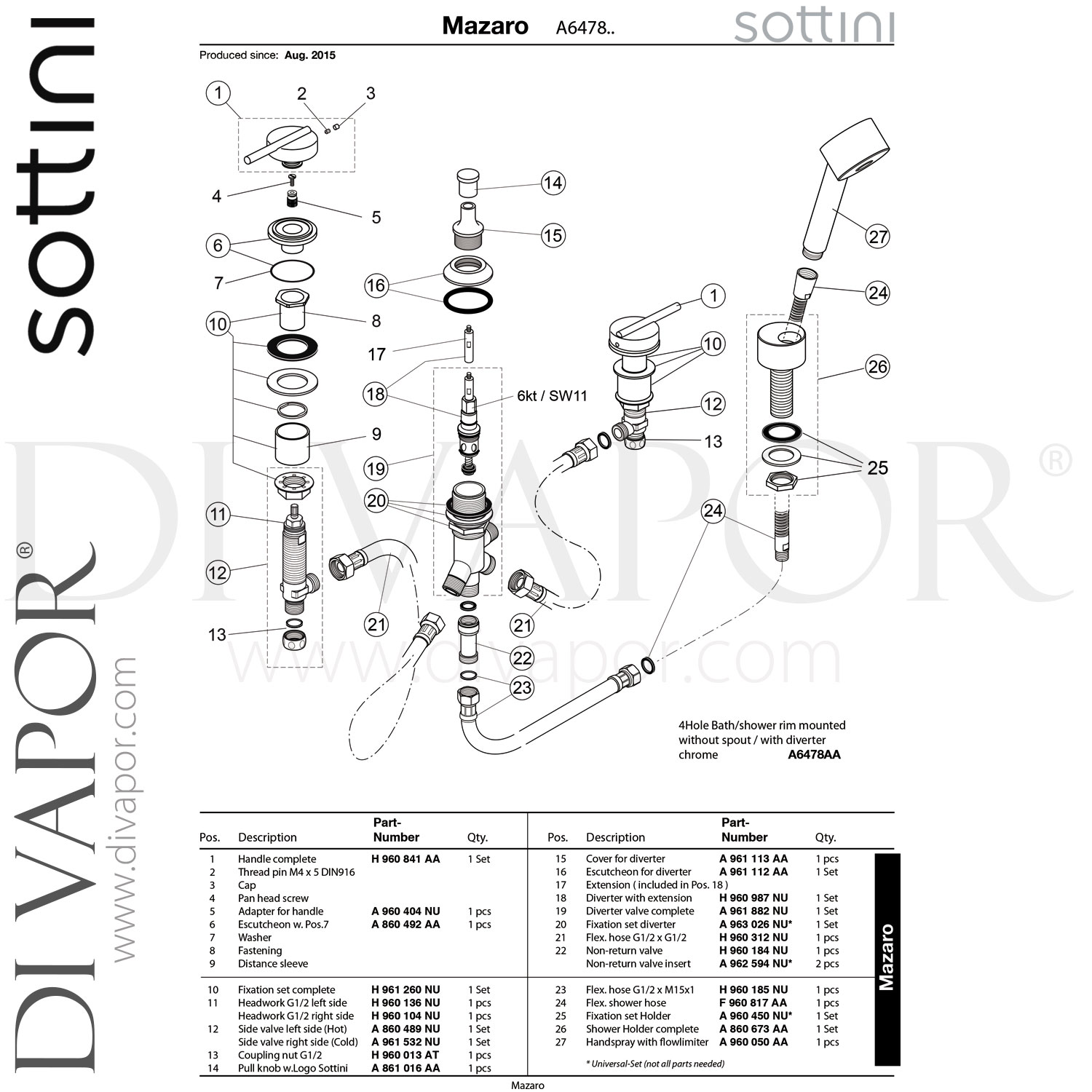 Sottini Mazaro Bath Shower Mixer 4 Hole Dual Control with Diverter No ...