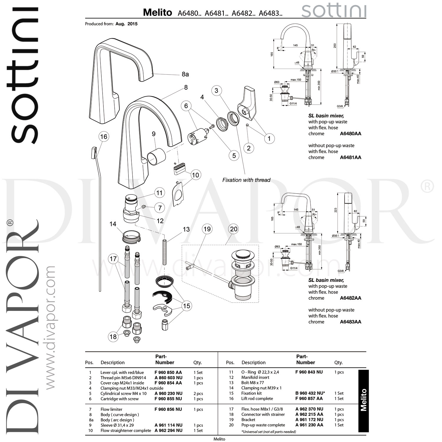 Sottini A6483AA Melito Basin Mixer Flat Spout No Waste Spare Parts
