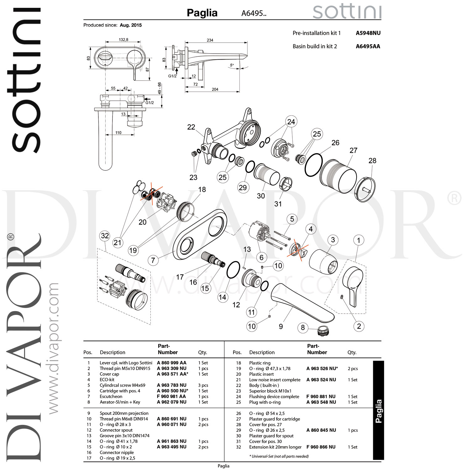 Sottini Paglia Single Lever Wall Mounted Basin Mixer Tap Spare Parts ...