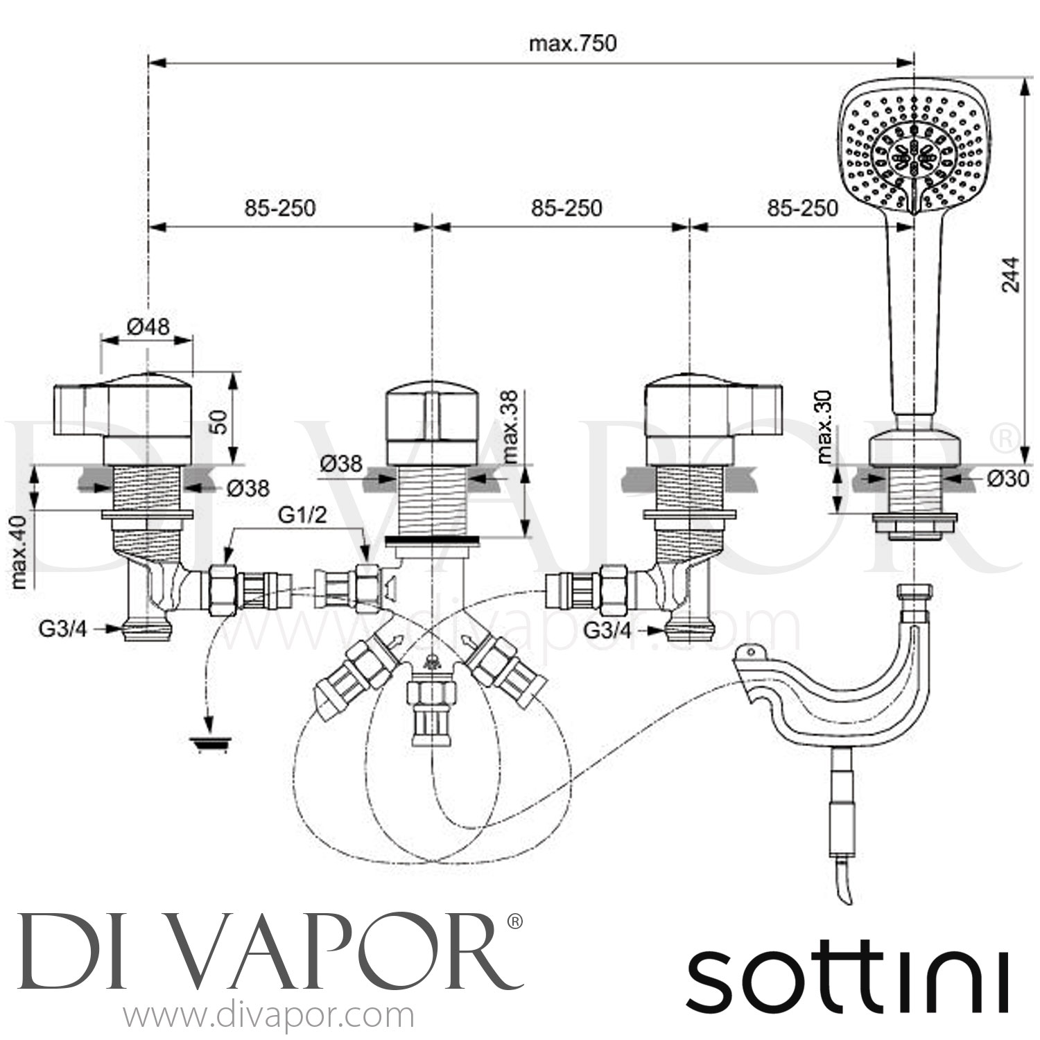 Sottini A6500AA Paglia 4 Hole Bath Shower Mixer Spare Parts