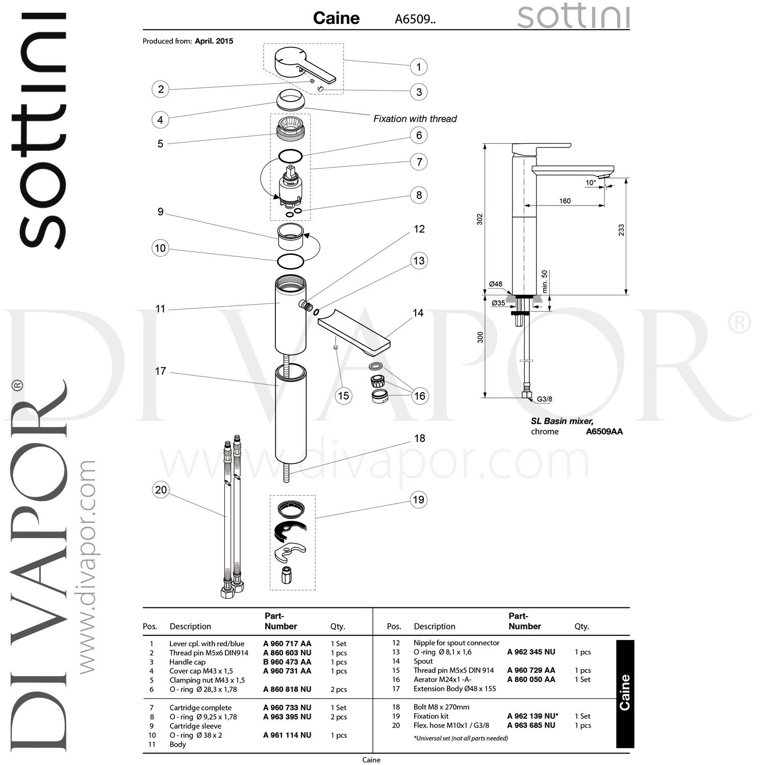 Sottini Ciane Single Lever Tall Basin Mixer Tap Spare Parts A6509AA GEN1