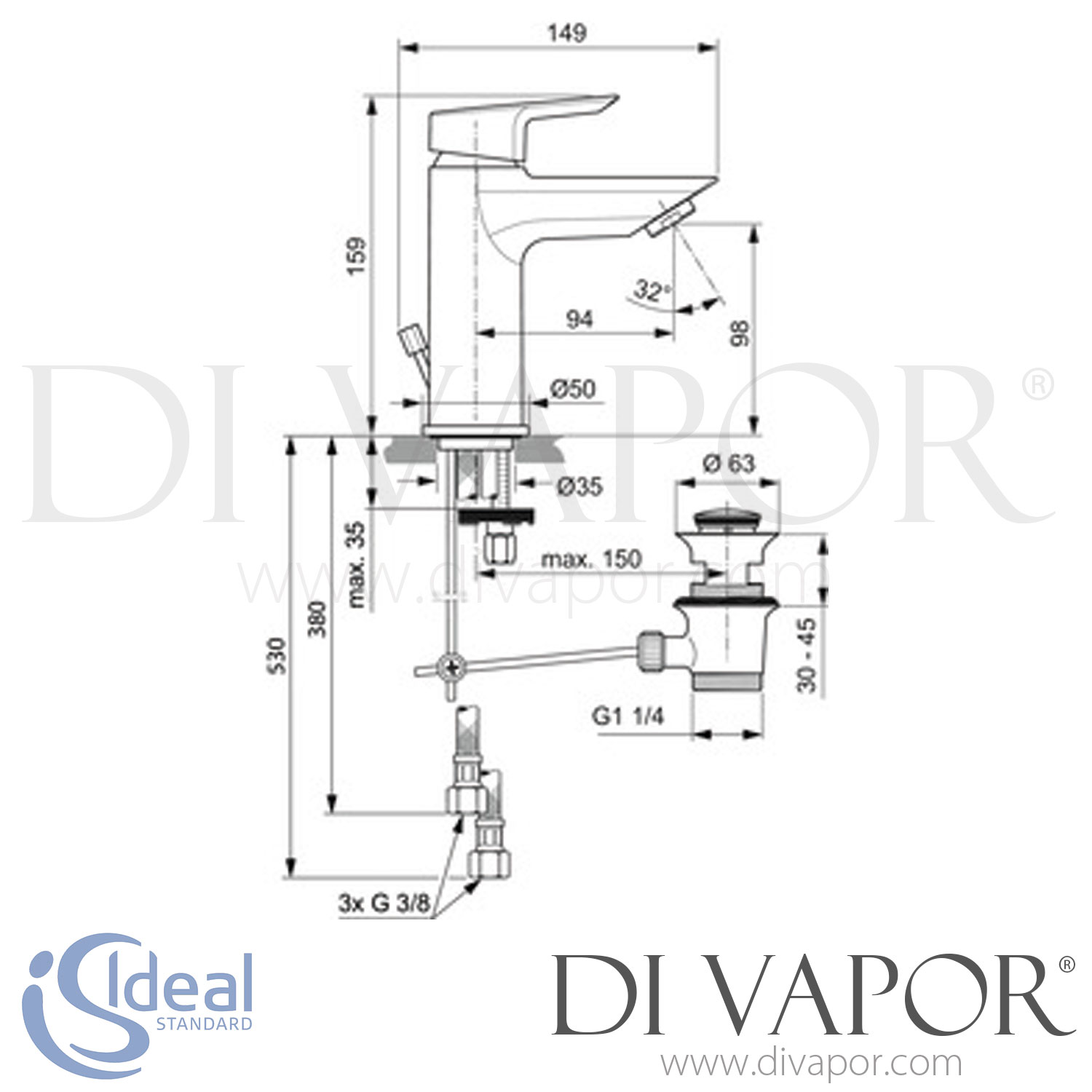 Ideal Standard A6556AA Tesi One Hole Basin Mixer for Low Pressure ND ...