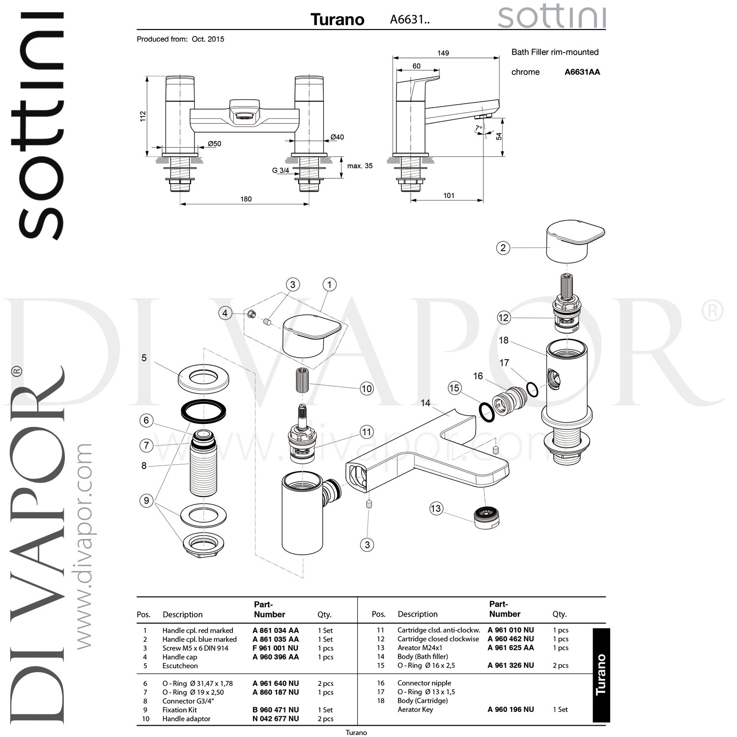 Sottini A6631AA Turano Dual Control 2 Hole Bath Filler Spare Parts