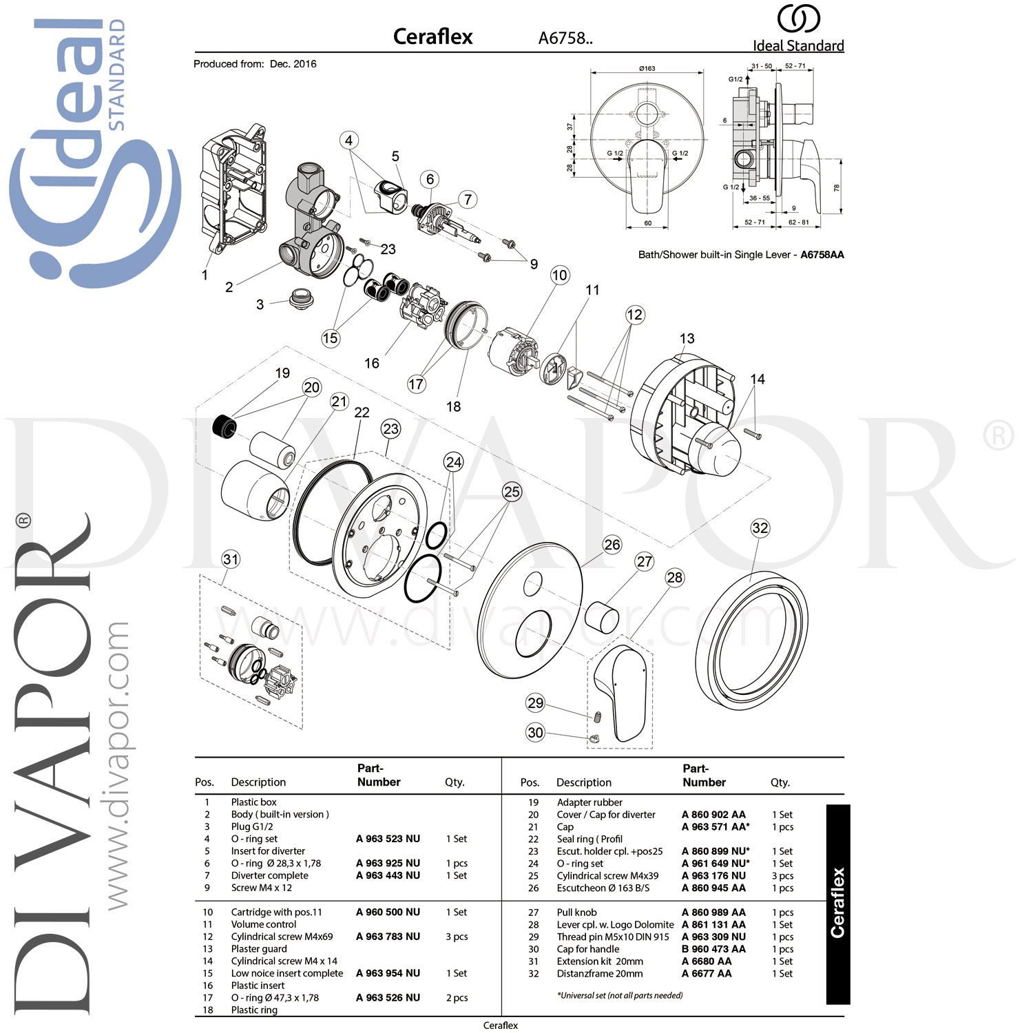 Ideal Standard A6758AA Ceraflex Built-In Bath & Shower Mixer Spare Parts