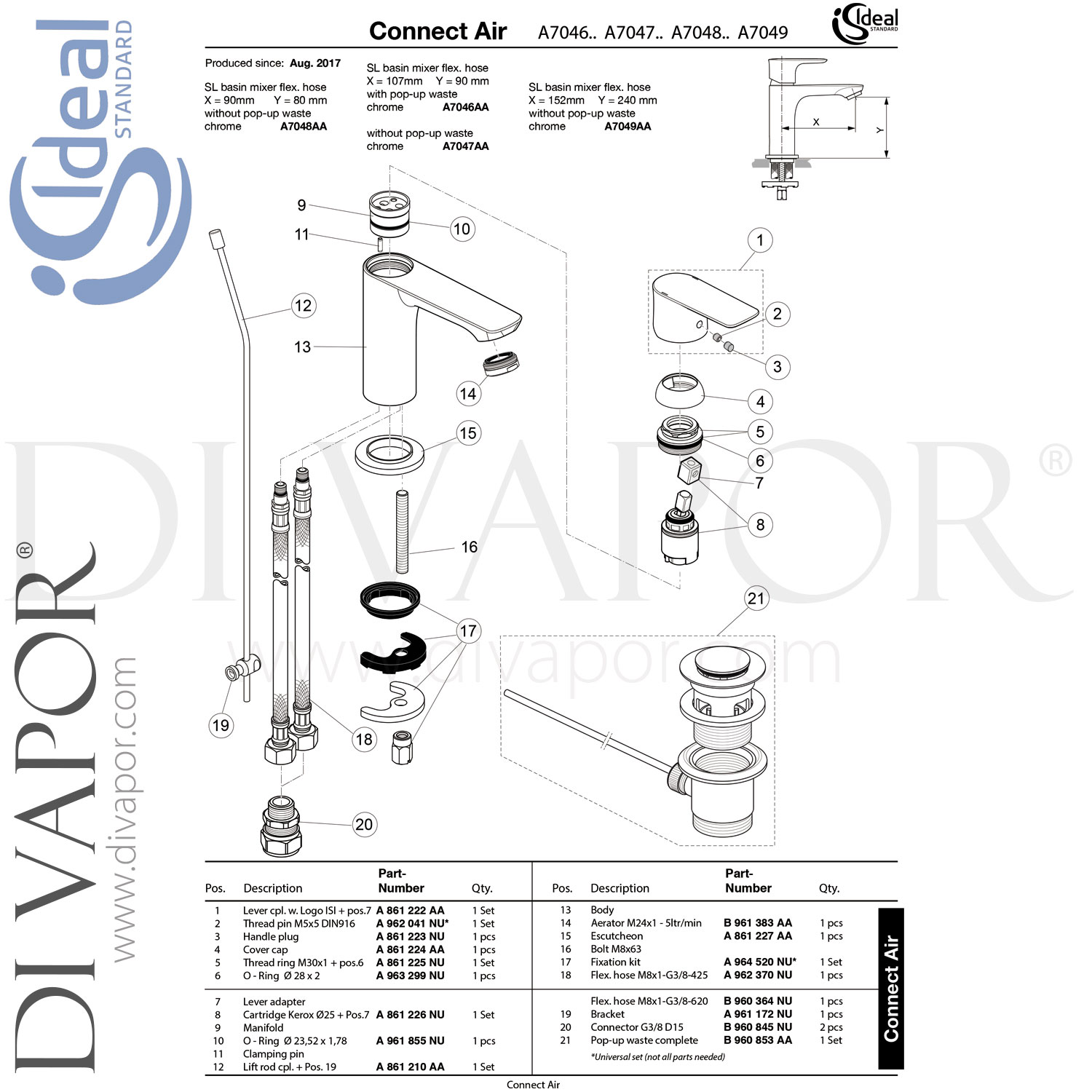 Ideal Standard A7049AA Concept Air Vessel Basin Mixer Slim 5LPM Spare Parts