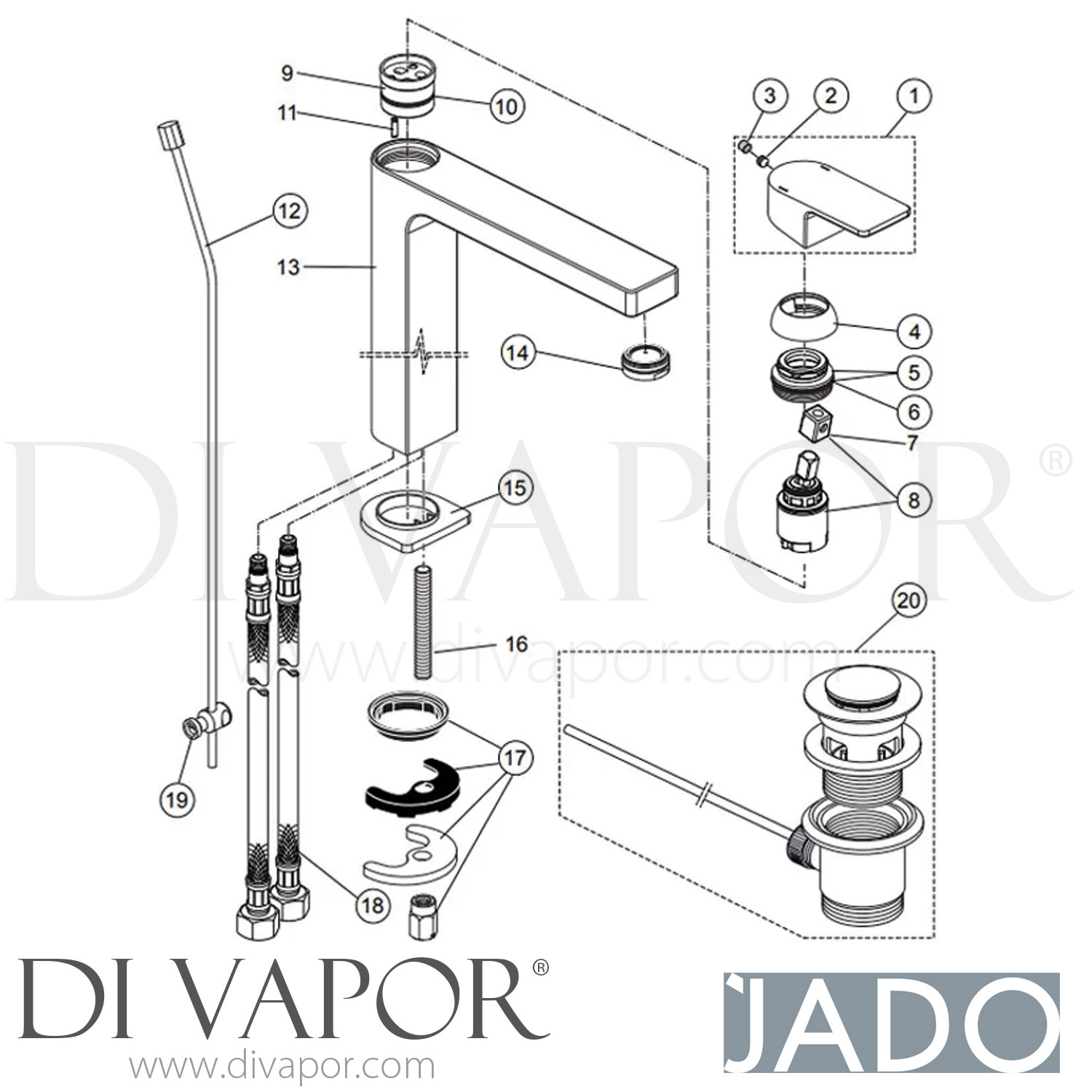 Jado A7114AA Edge Raised Basin Mixer 5 L / Min without Waste Spare Parts