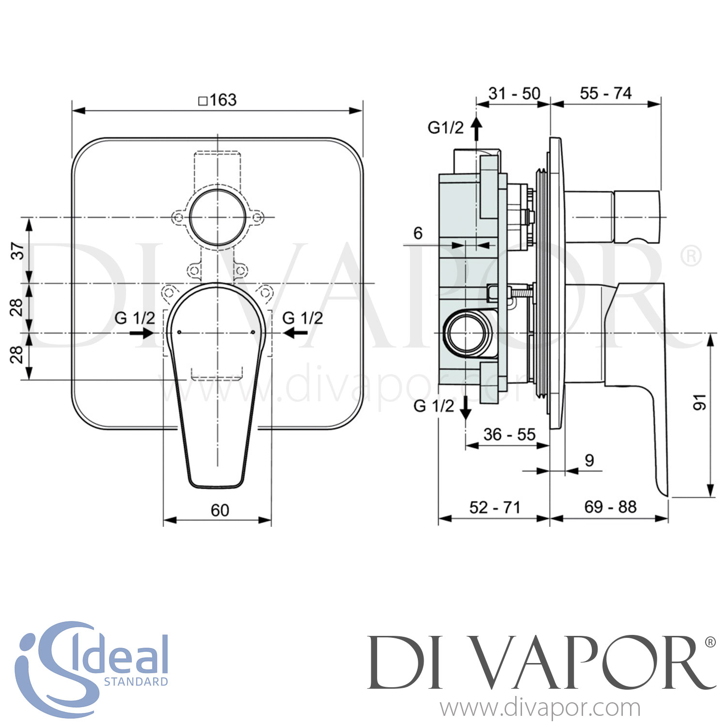 Ideal Standard A7189AA Cerafine D Built-In Chrome Bath & Shower Mixer ...