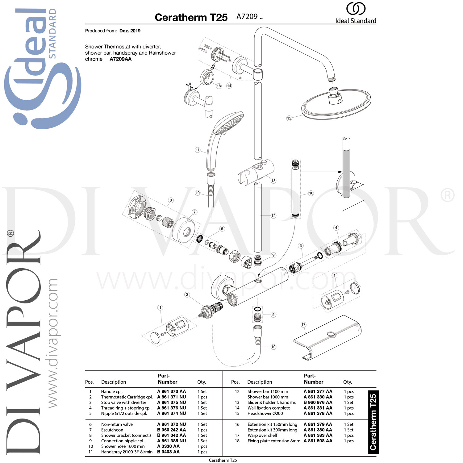 Ideal Standard A7209AA Ceratherm T25 Dual Shower Mixer with Fixed Head ...