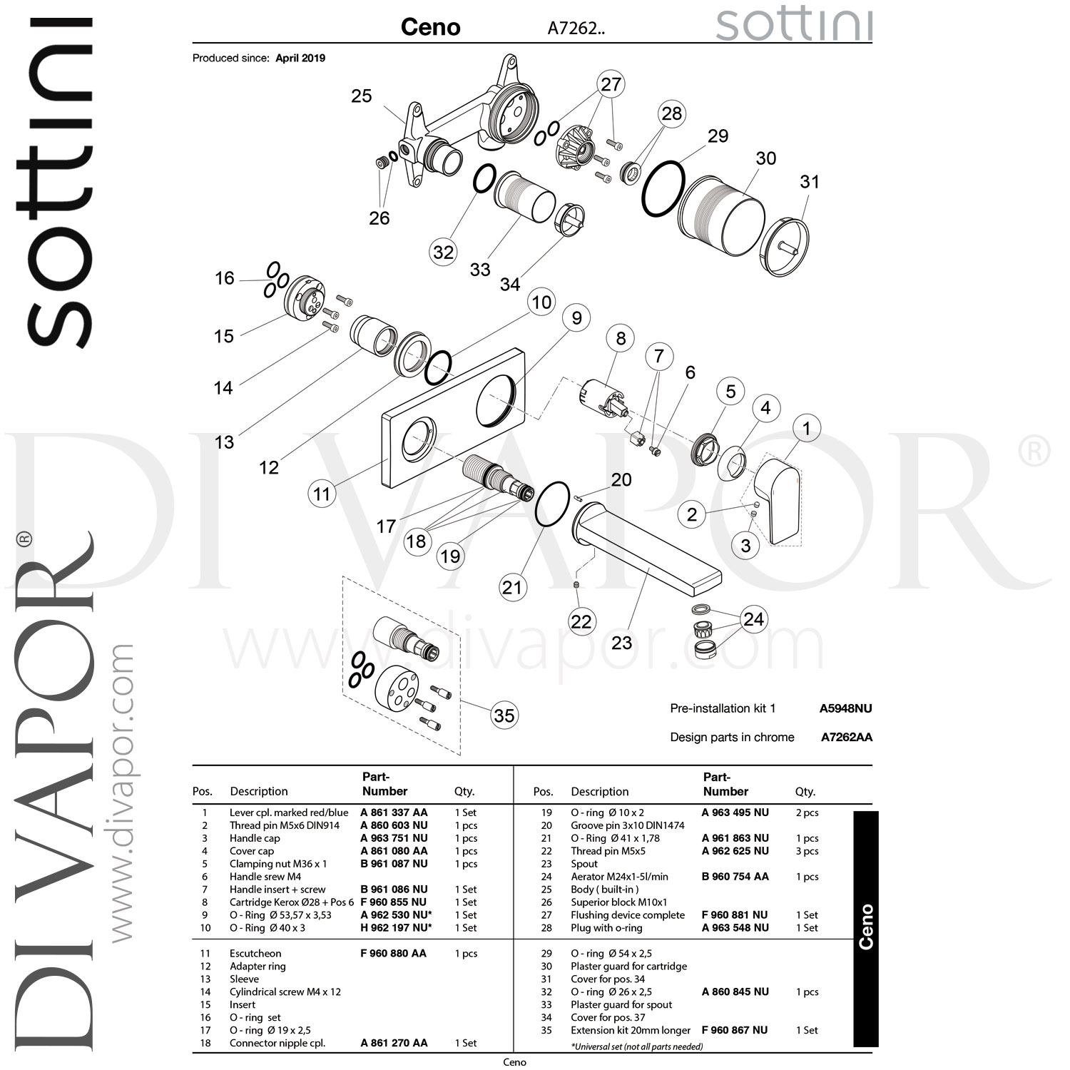 Sottini A7262AA Ceno Wall Mounted Basin Mixer Spare Parts