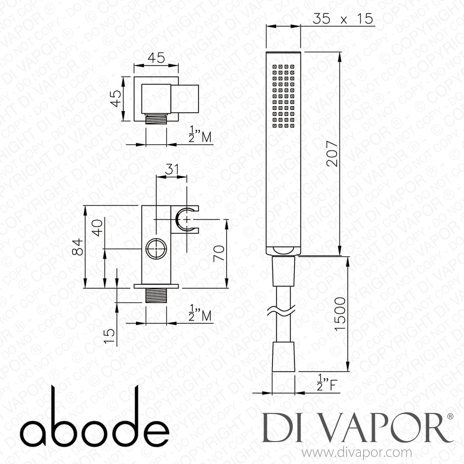 Abode AB2453-2 Square Combined Wall Outlet, Handshower & Bracket in ...