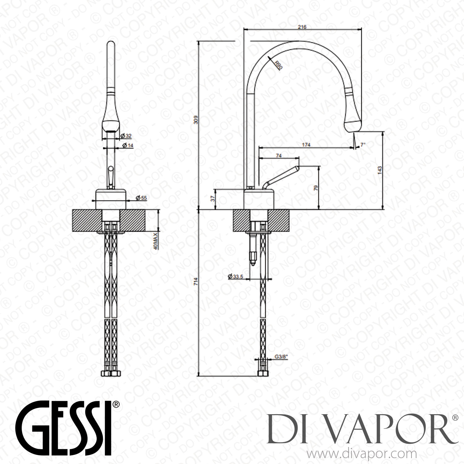 Gessi Basin Mixer With Radius 90 Spout, Flexible Hoses With 3/8 Inch ...