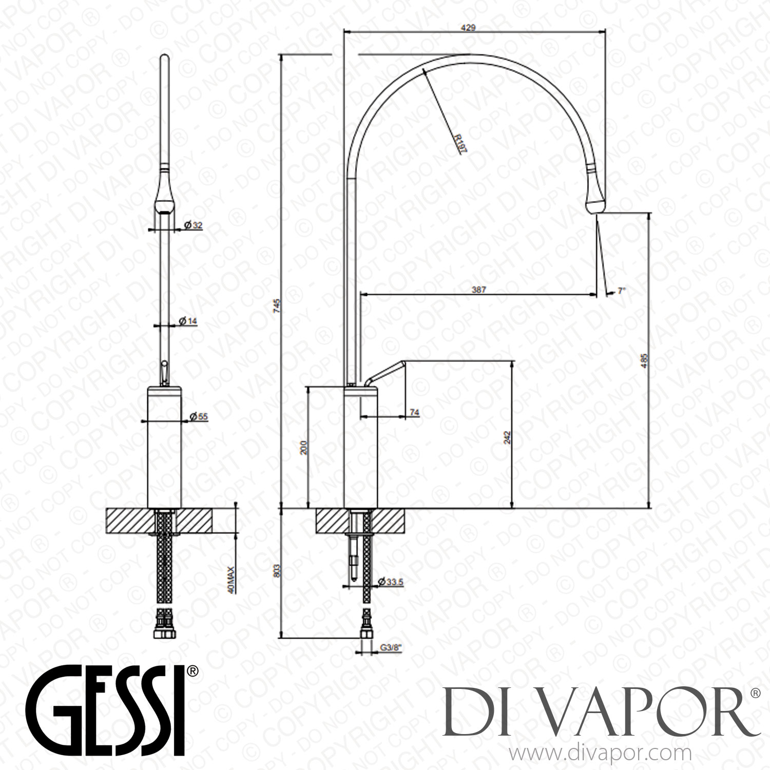 Gessi High Version Basin Mixer With Radius 197 Spout, Flexible Hoses With 3/8 Inch Connections ...