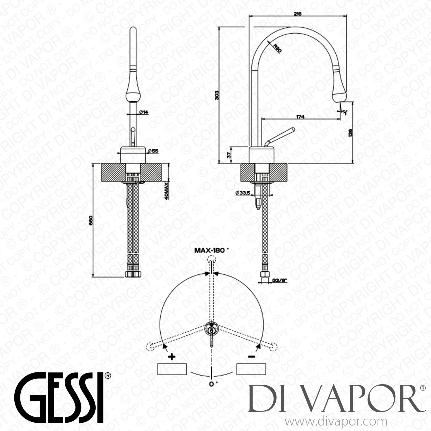 Gessi Basin Mixer With Radius 90 Spout, Flexible Hoses With 3/8 Inch ...