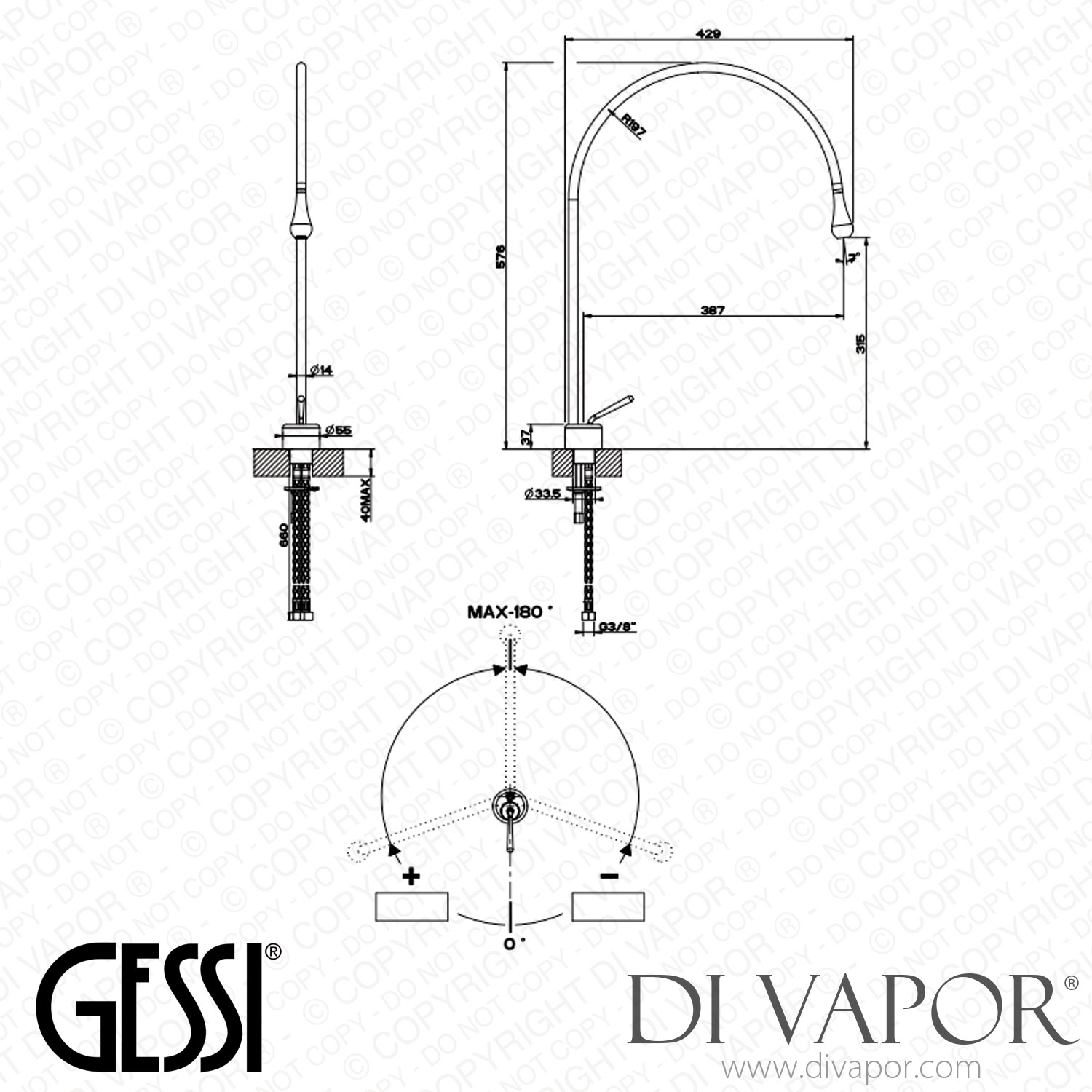 Gessi Basin Mixer With Radius 197 Spout, Flexible Hoses With 3/8 Inch ...