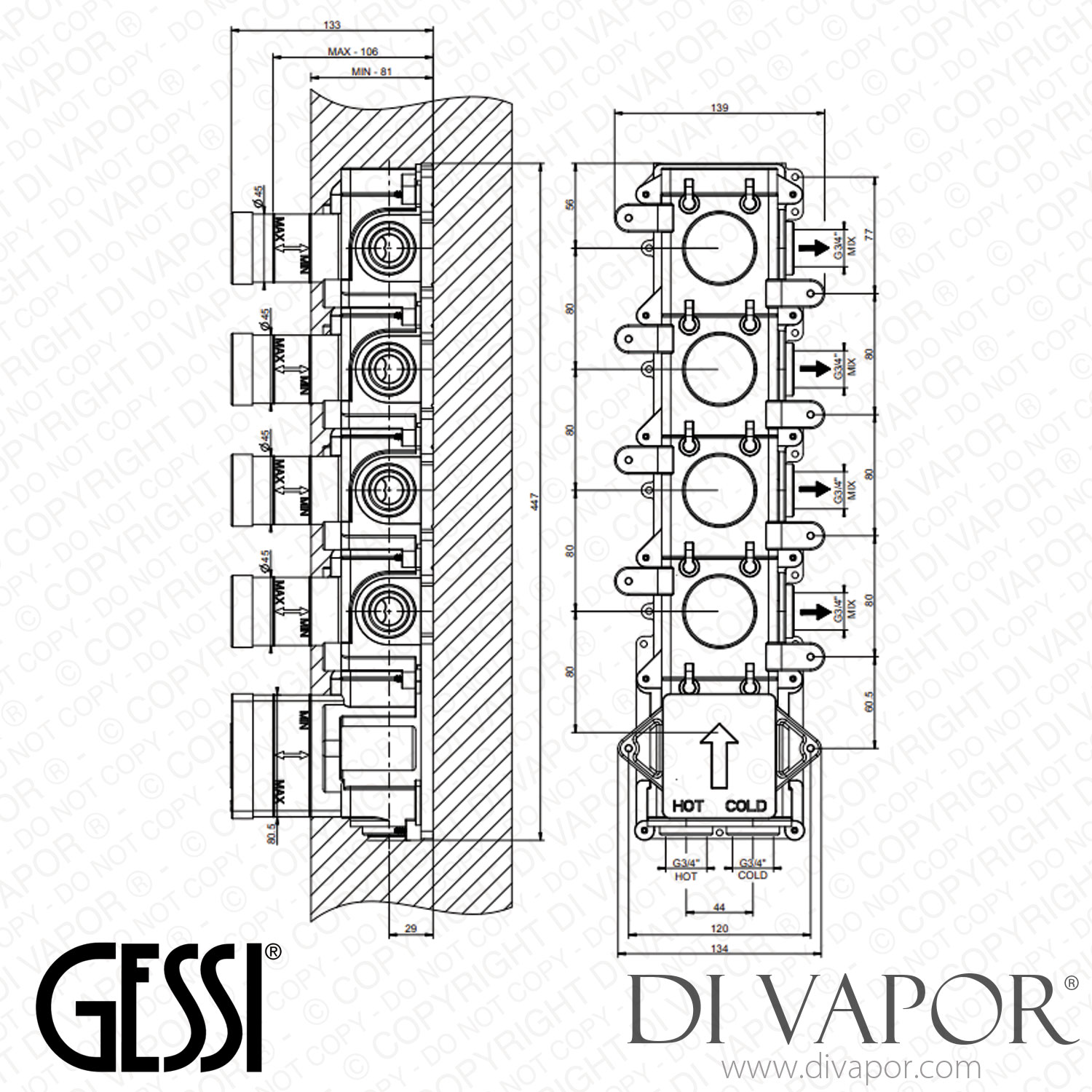 Gessi External Parts For Wall-mounted Thermostatic High-capacity Mixer ...