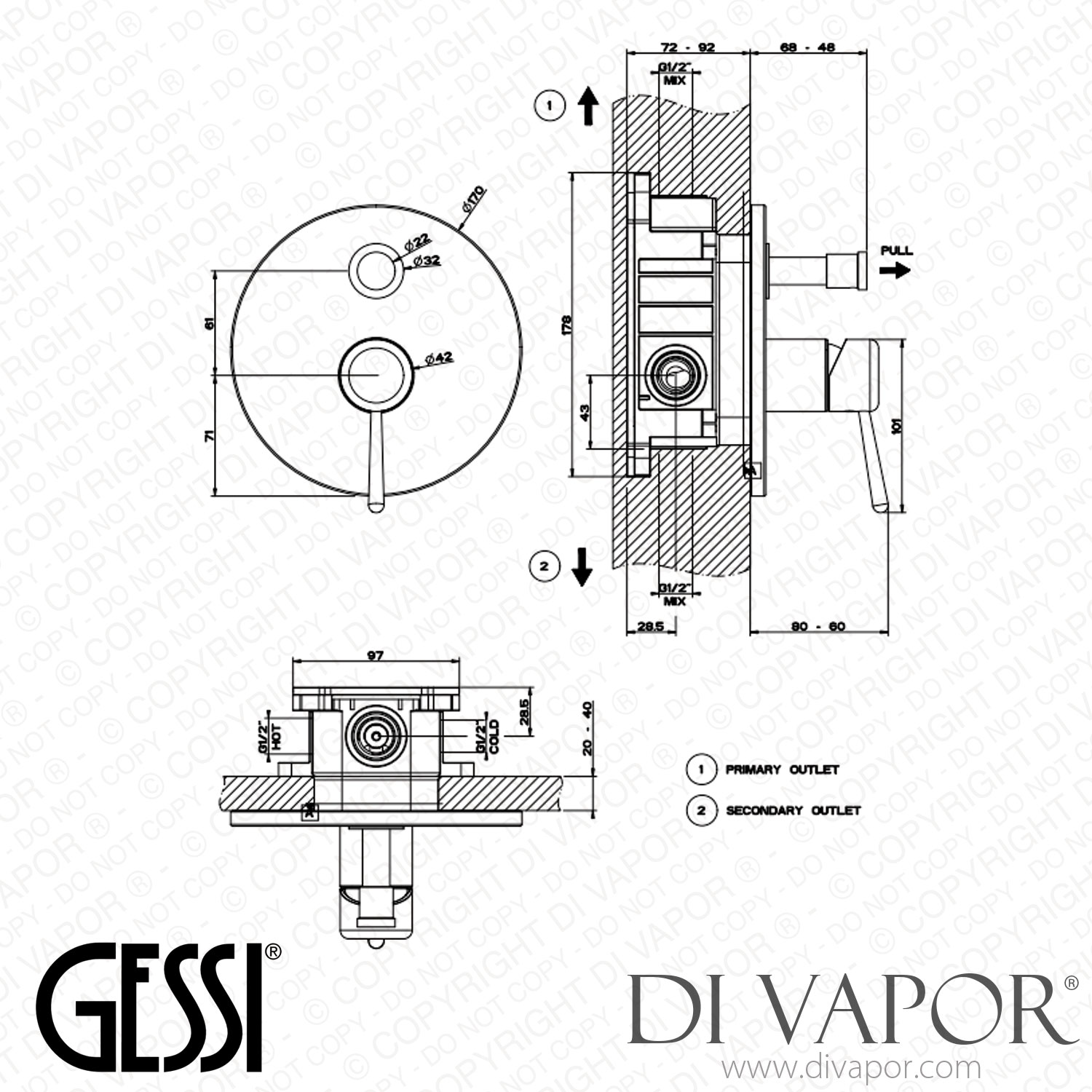 Gessi External Parts For Built-in Mixer, With 1/2 Inch Connections, ?35 ...