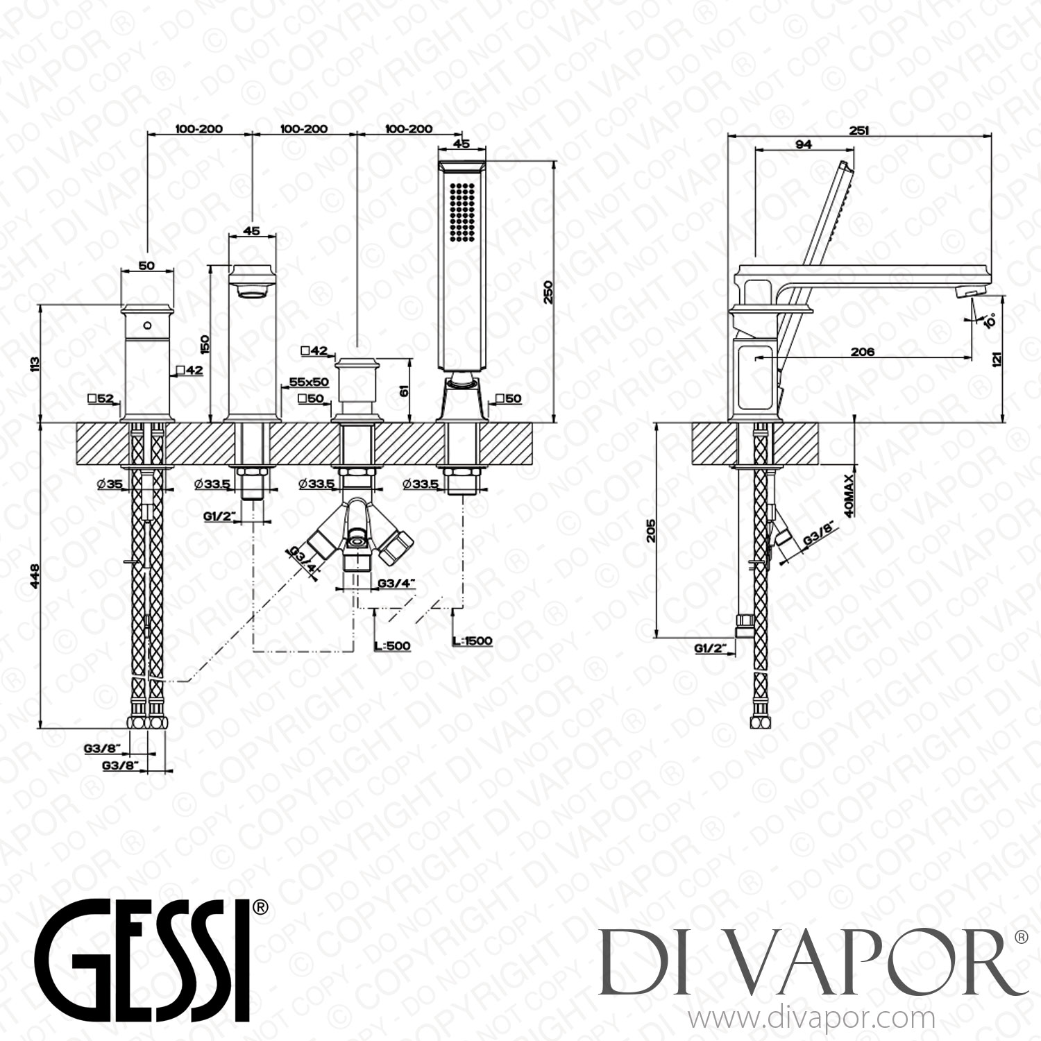 Gessi Four-hole Bath Mixer With Tub-filler Spout And Diverter, 1/2 Fitting And 1,50 M Flexible ...