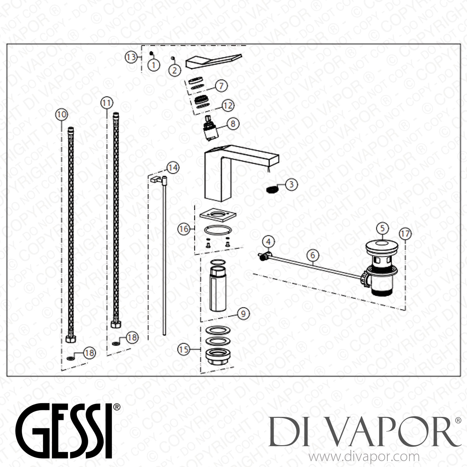 Gessi Basin Mixer, Flexible Connections, With Waste (Art. 53001) Spare ...