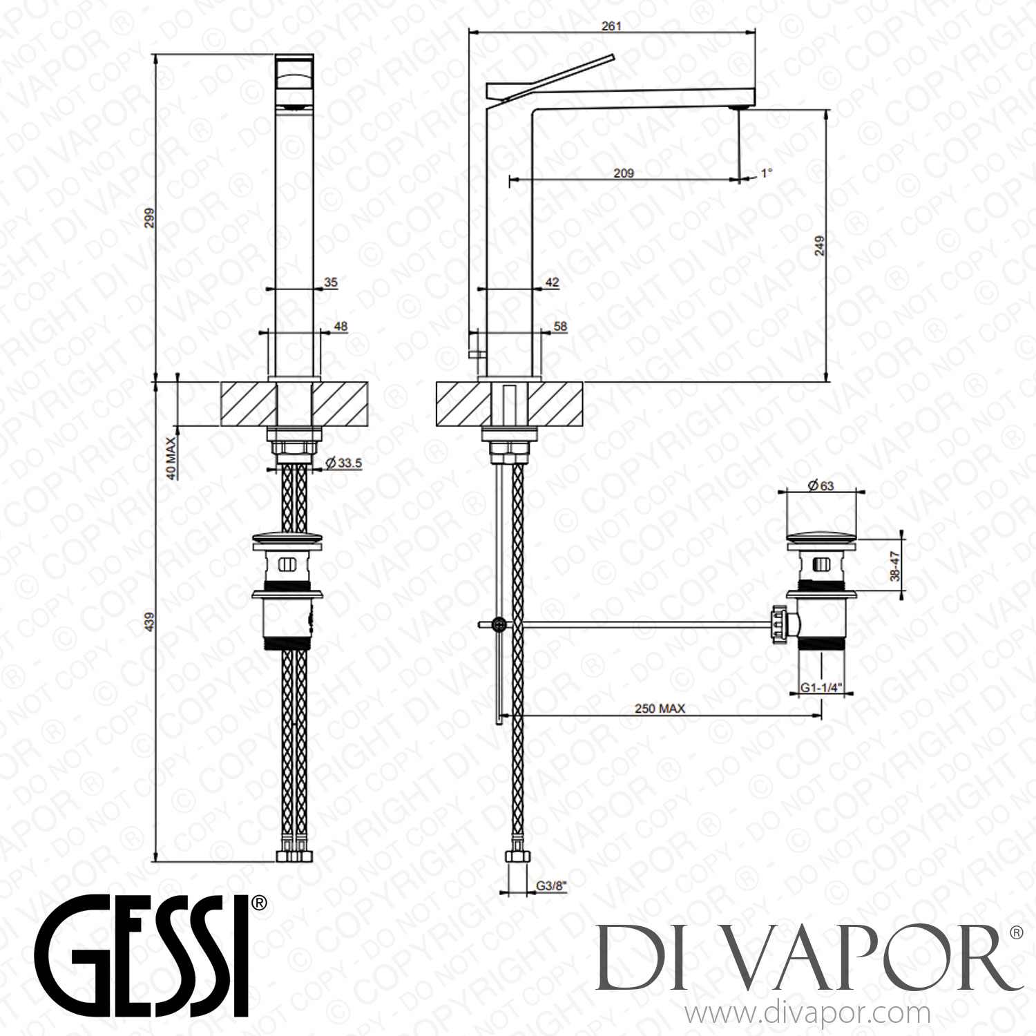 Gessi High Basin Mixer, Flexible Connections, With Waste (Art. 53003 ...