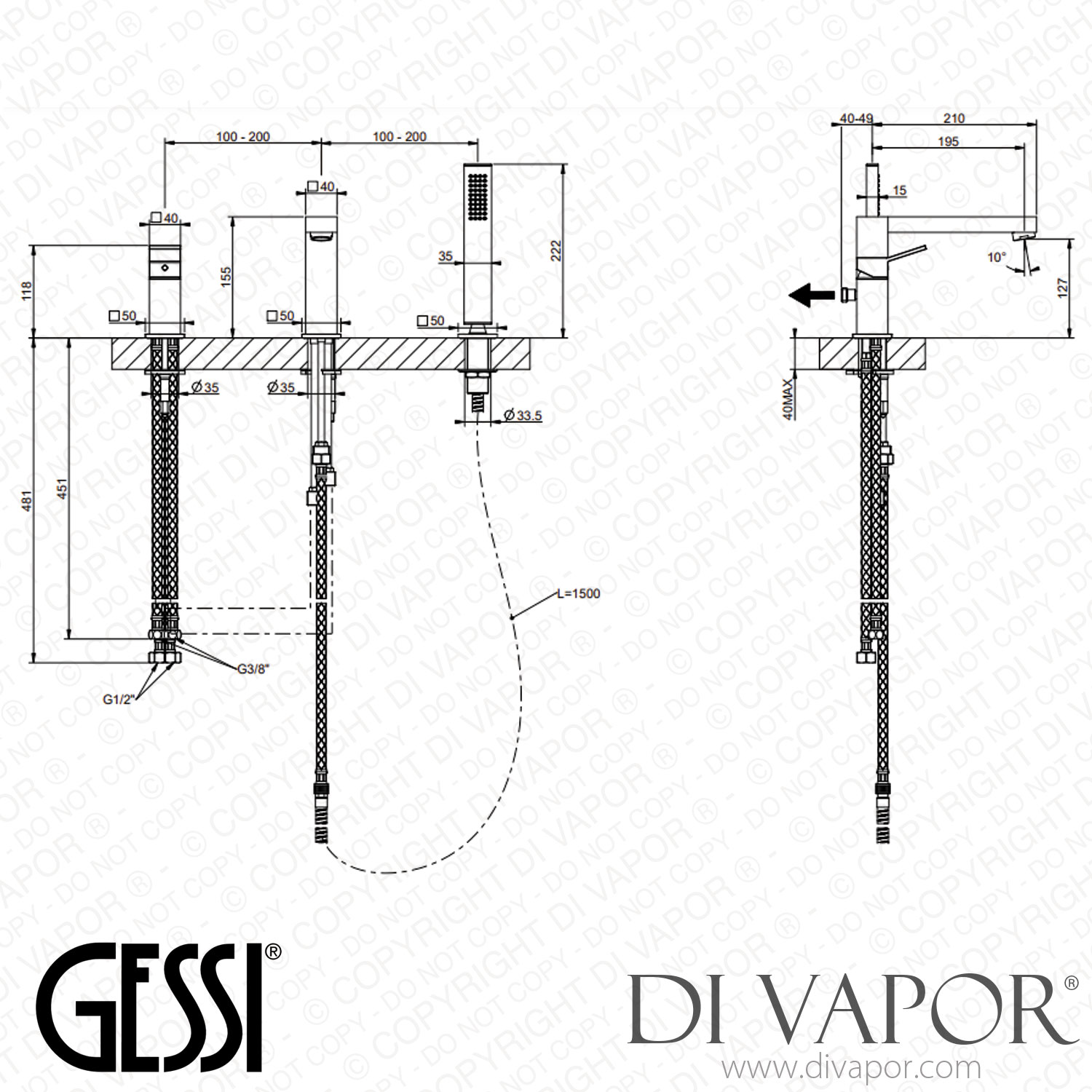 "Gessi Three-holes Bath Mixer With Diverter In The Spout, 1,50 M ...