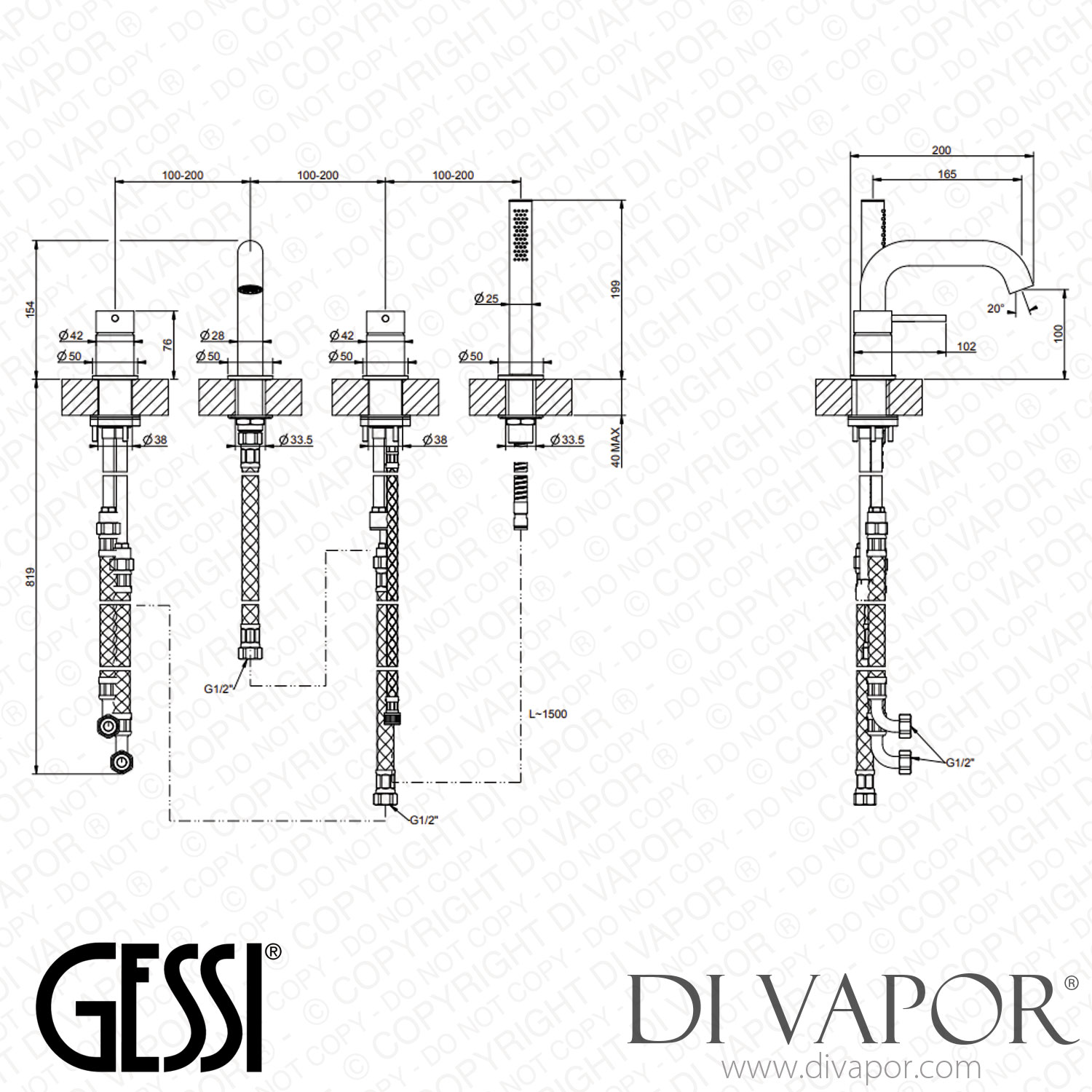 Gessi Four-holes Bath Mixer With Diverter, Tub-filler Spout And 1,50 M Flexible Hose And ...