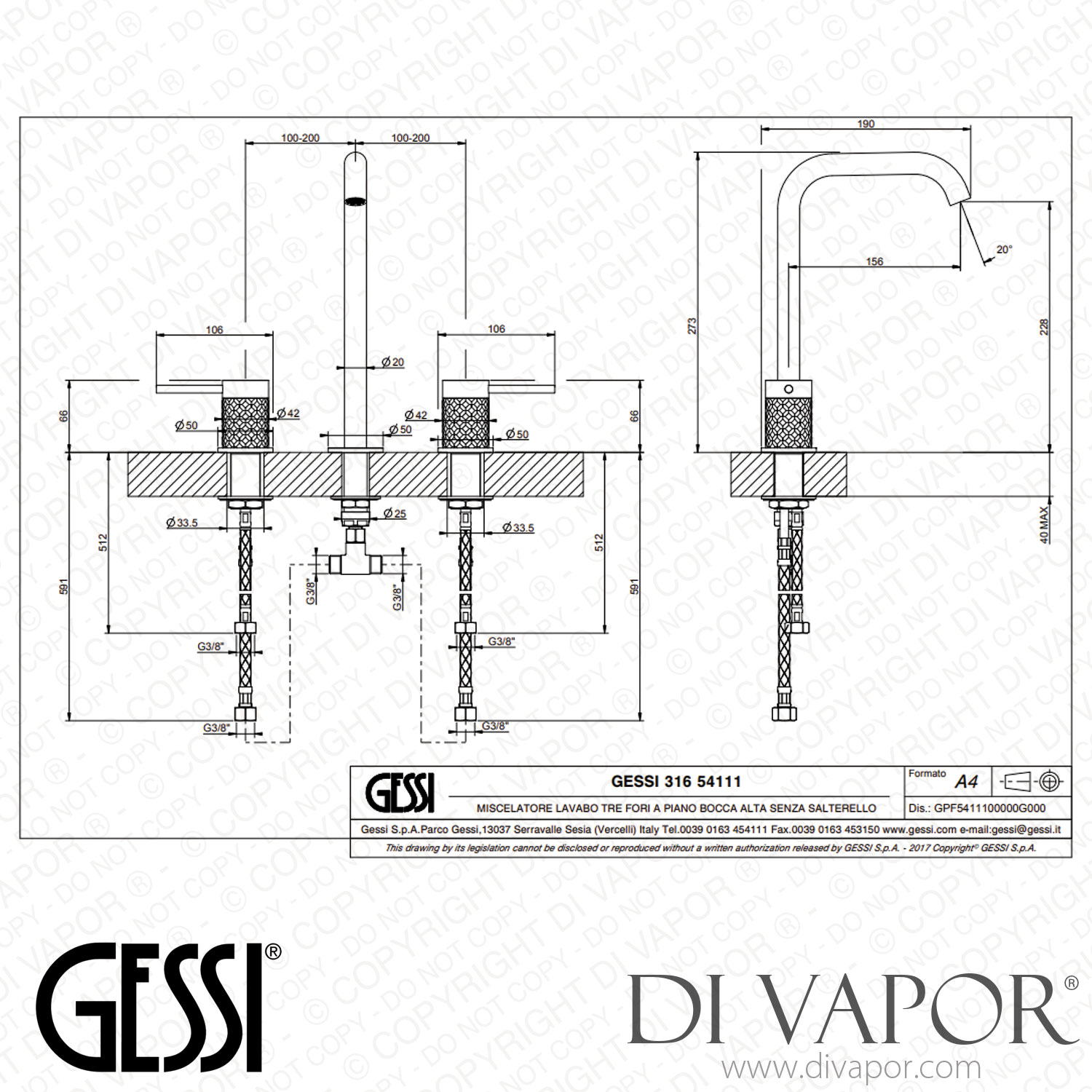 Gessi Three-holes Basin Mixer With Spout, With Flexible Hoses, Without ...