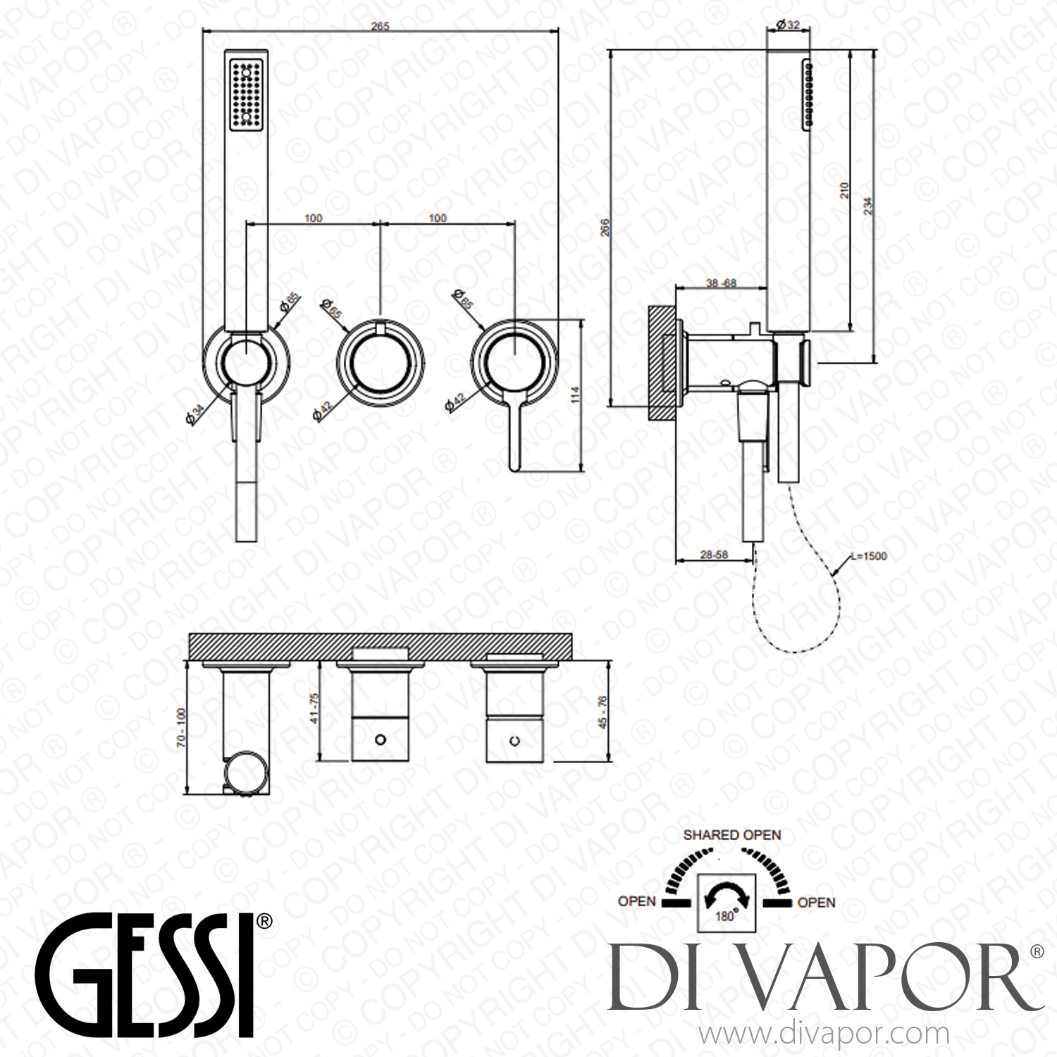 Gessi External Parts Wall-mounted For Shower Mixer, Two Way With Diverter, Water Outlet ...