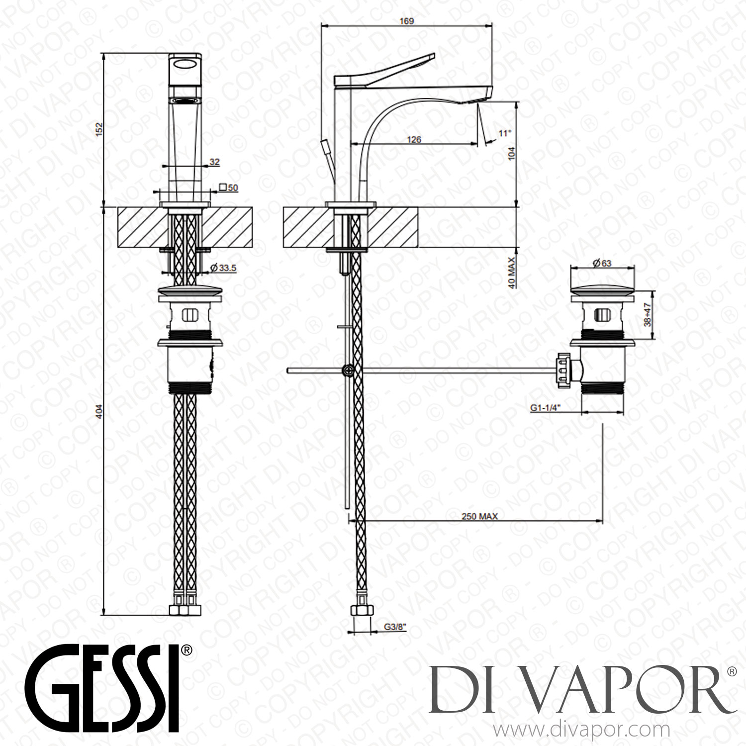 Gessi Basin Mixer With 1 1/4 Inch Pop-up Waste And Flexible Hoses With ...