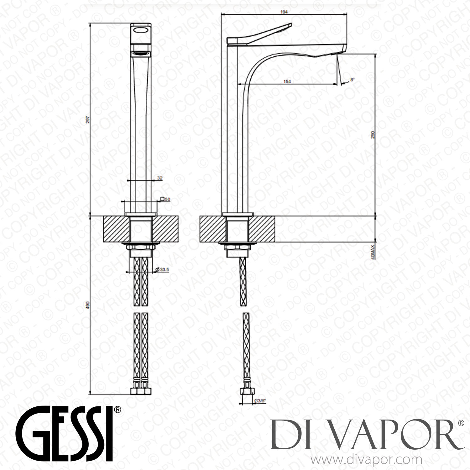 Gessi High Version Basin Mixer, Flexible Hoses With 3/8 Inch ...